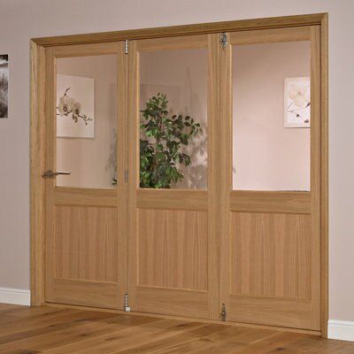1 panel Clear Glazed Timber Oak veneer Internal Folding Door set, (H ...