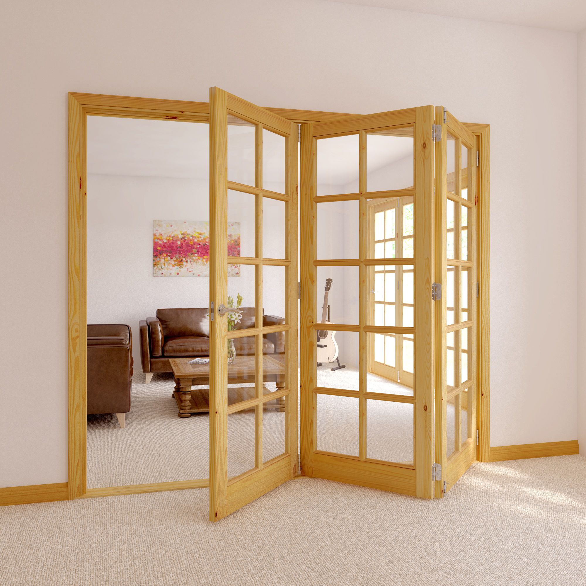 10 Lite Glazed Knotty pine Internal Tri-fold Door set, (H)2035mm (W)2374mm