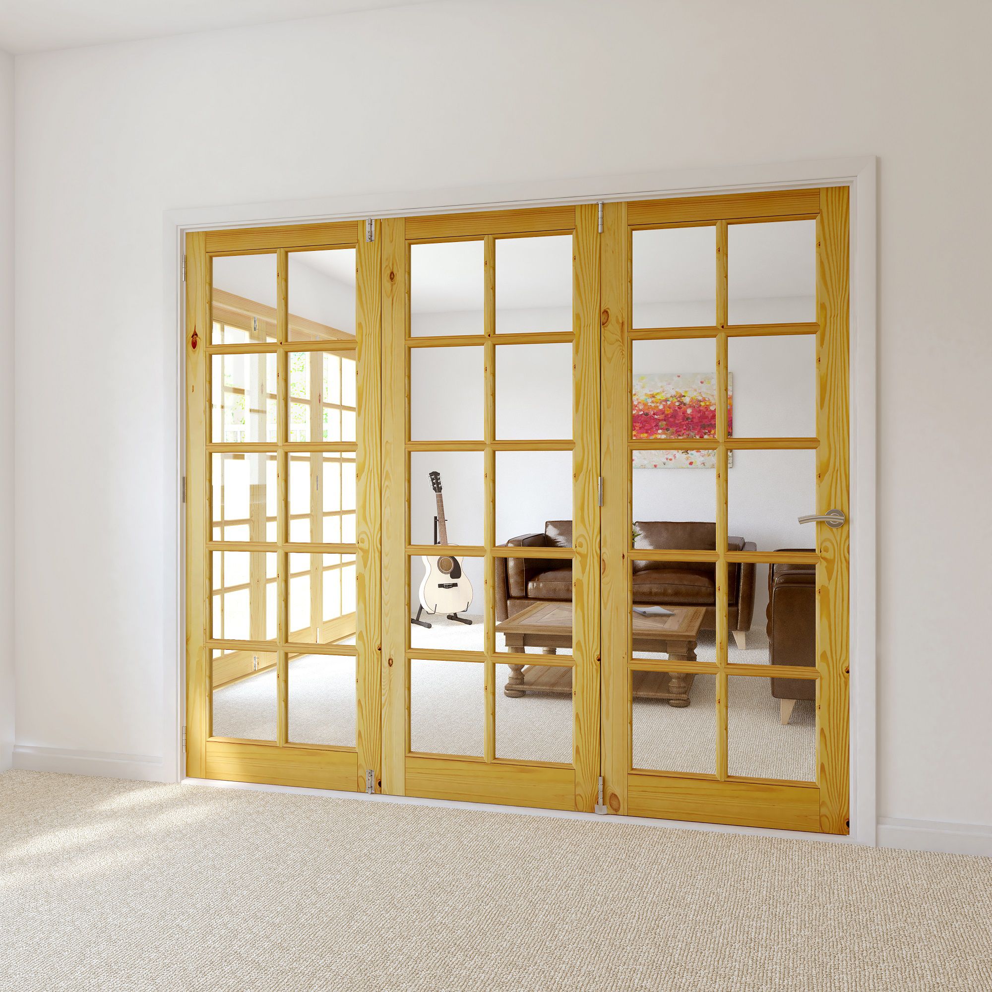10 Lite Glazed Traditional Unfinished Knotty pine Internal Folding Tri ...