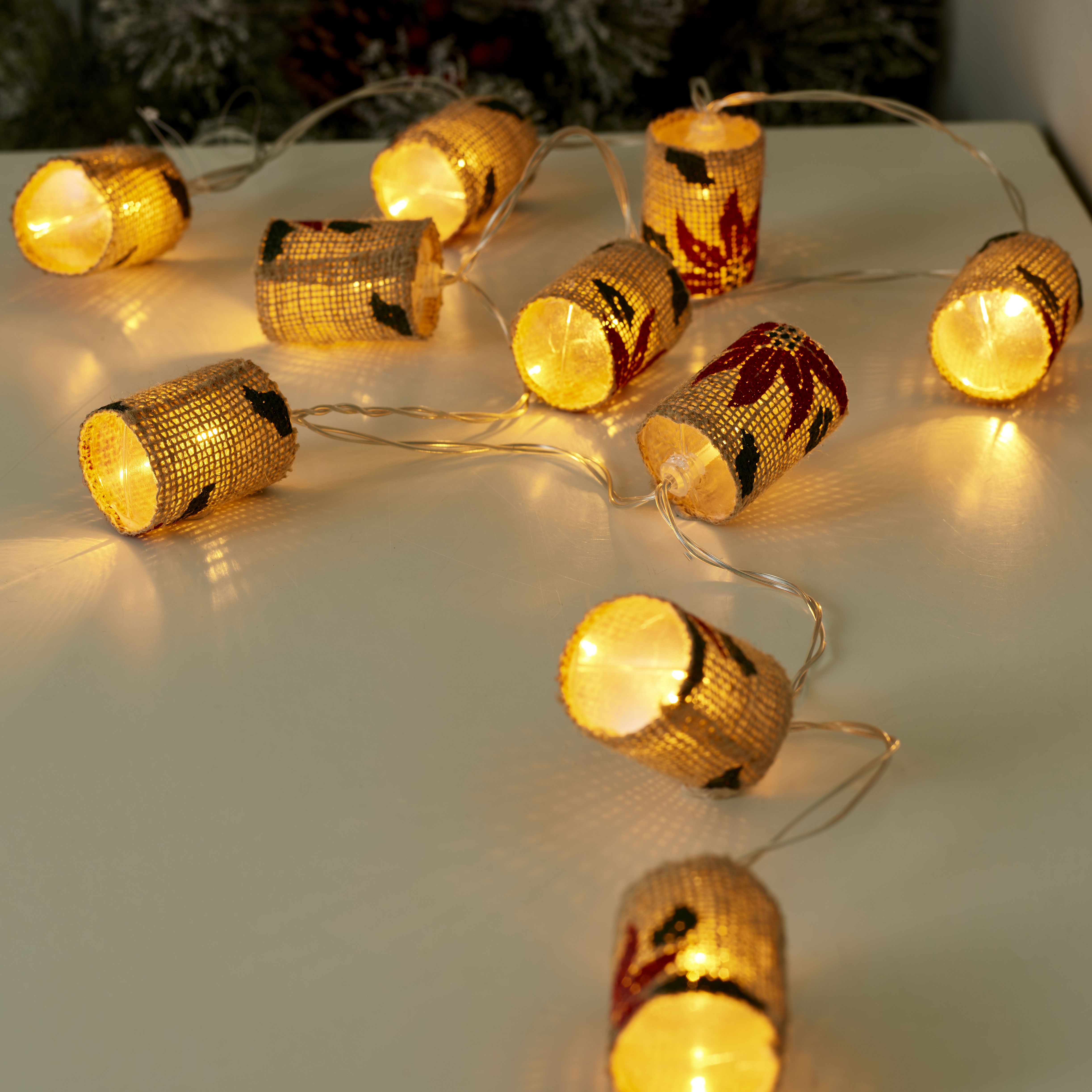 10 Warm white Hessian Lantern LED With timer function String lights with 1.65m Clear cable