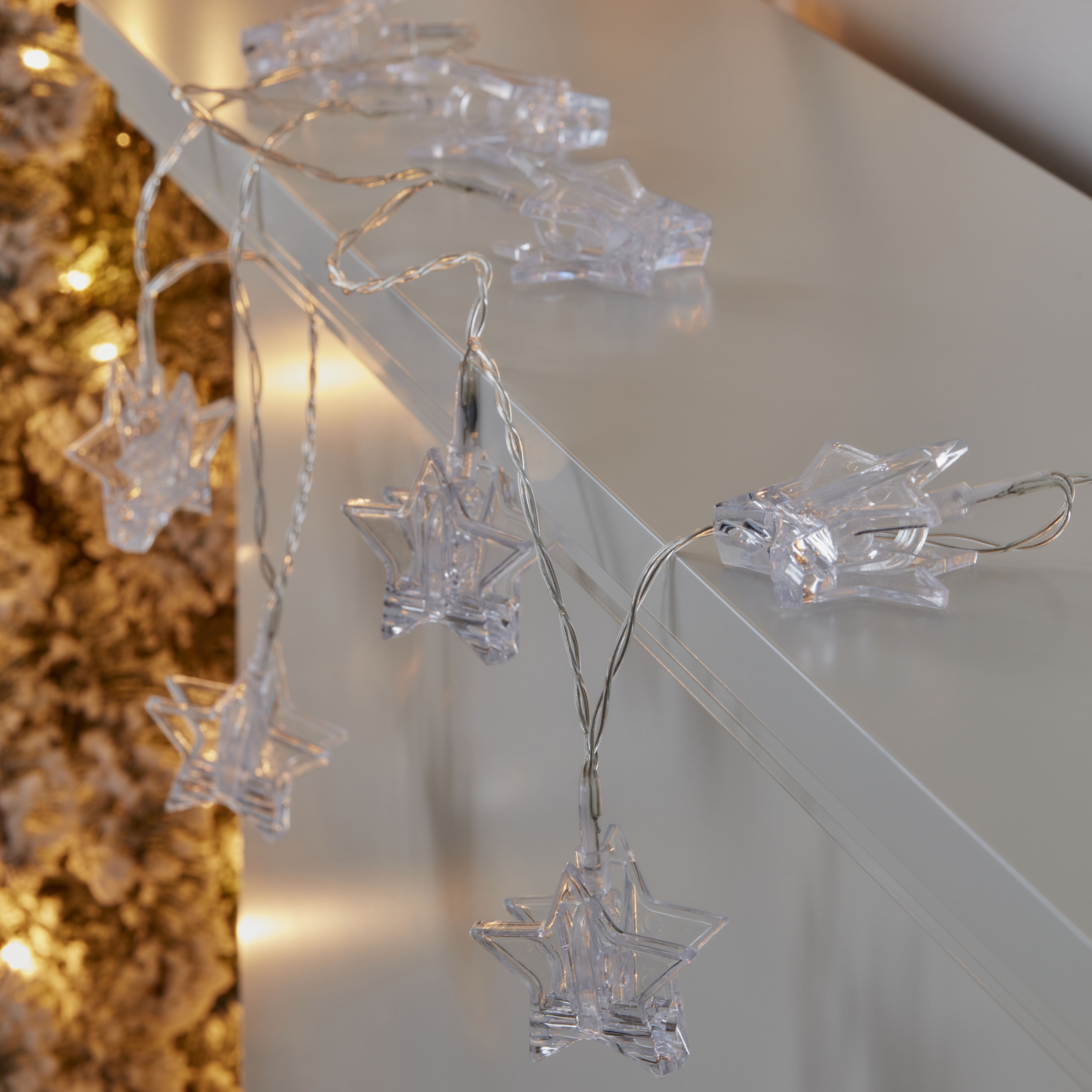 10 Warm white Star LED String lights With timer function Clear cable