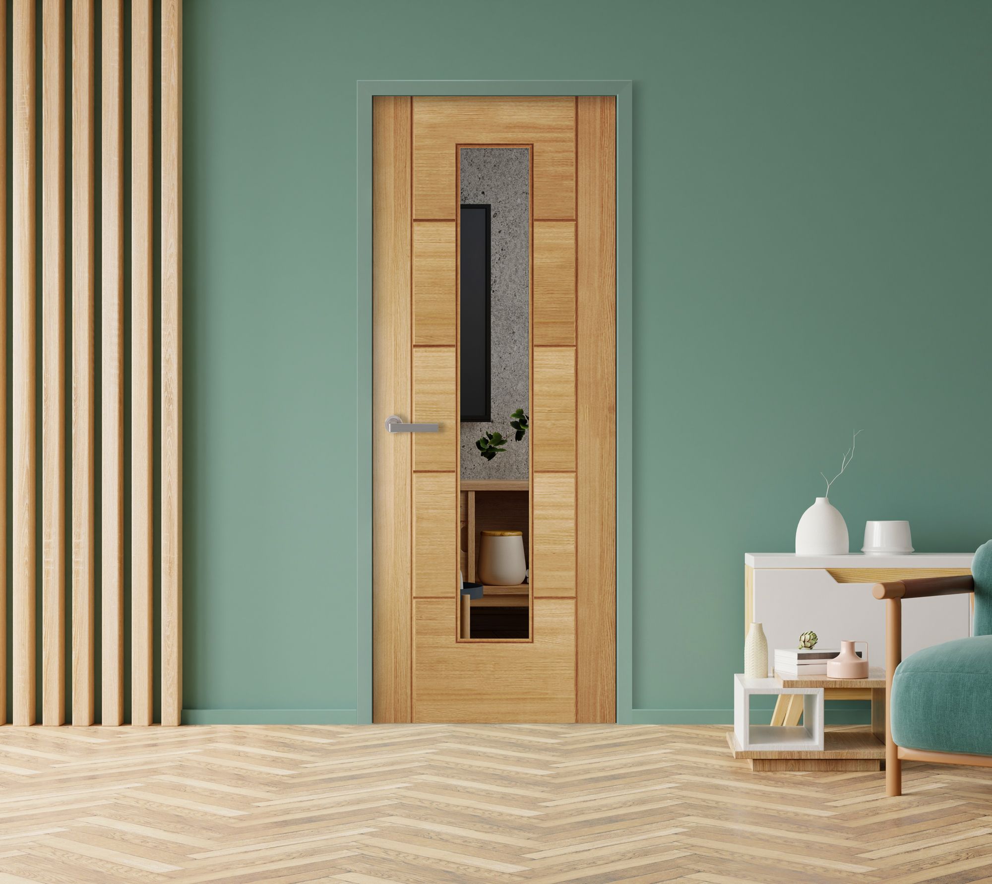 2 Lite Linear Clear Glazed Contemporary Oak veneer Internal Timber Door ...