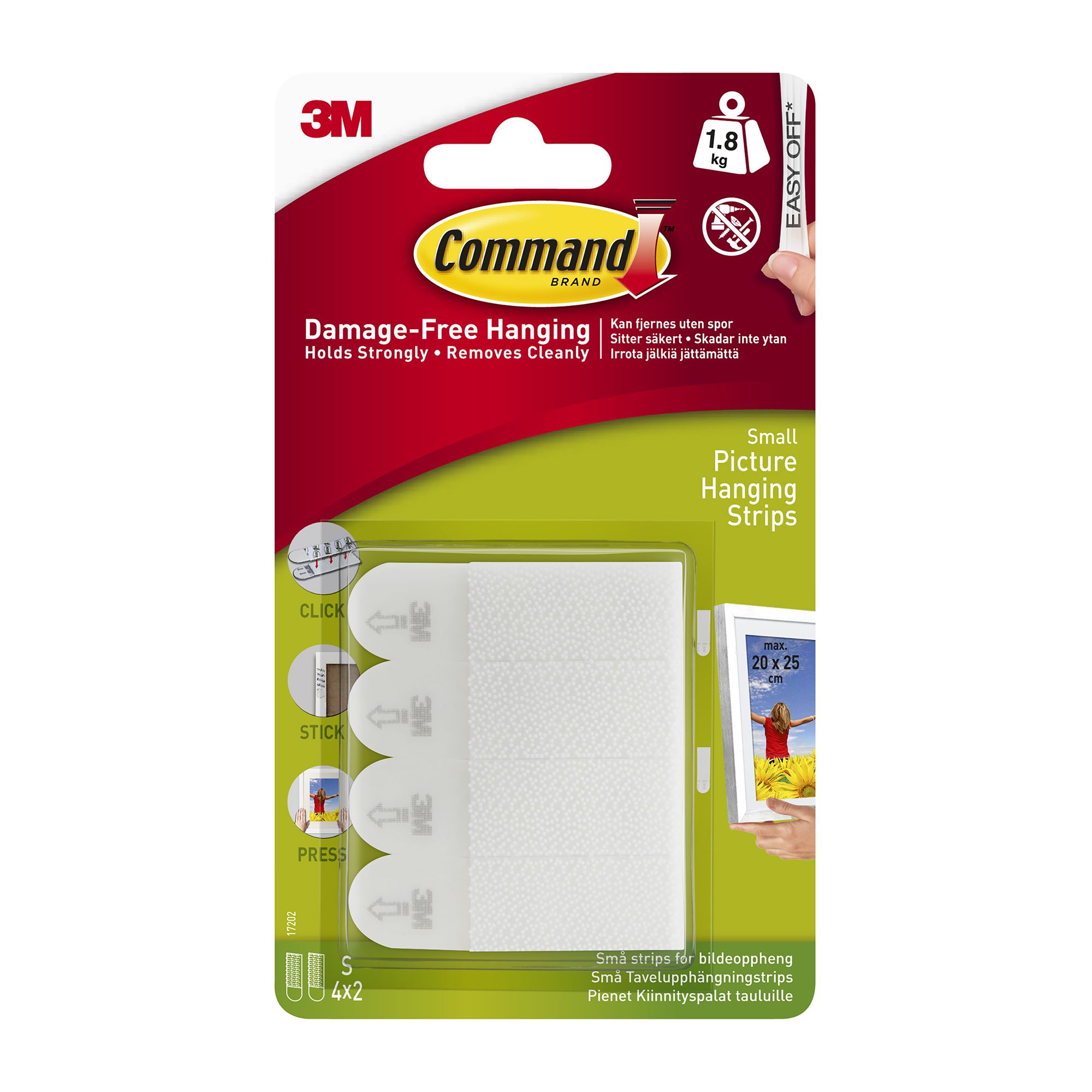3M Command Small White Picture hanging Adhesive strip Holds 1.8kg Pack of 4