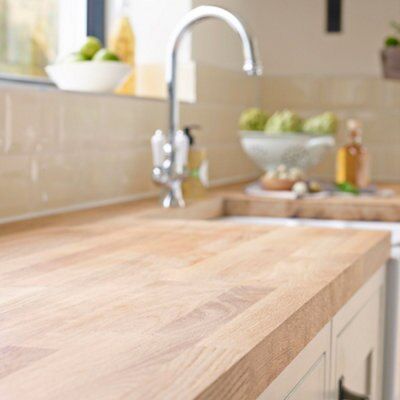 40mm Solid oak Square edge Kitchen Breakfront Worktop, (L)3000mm