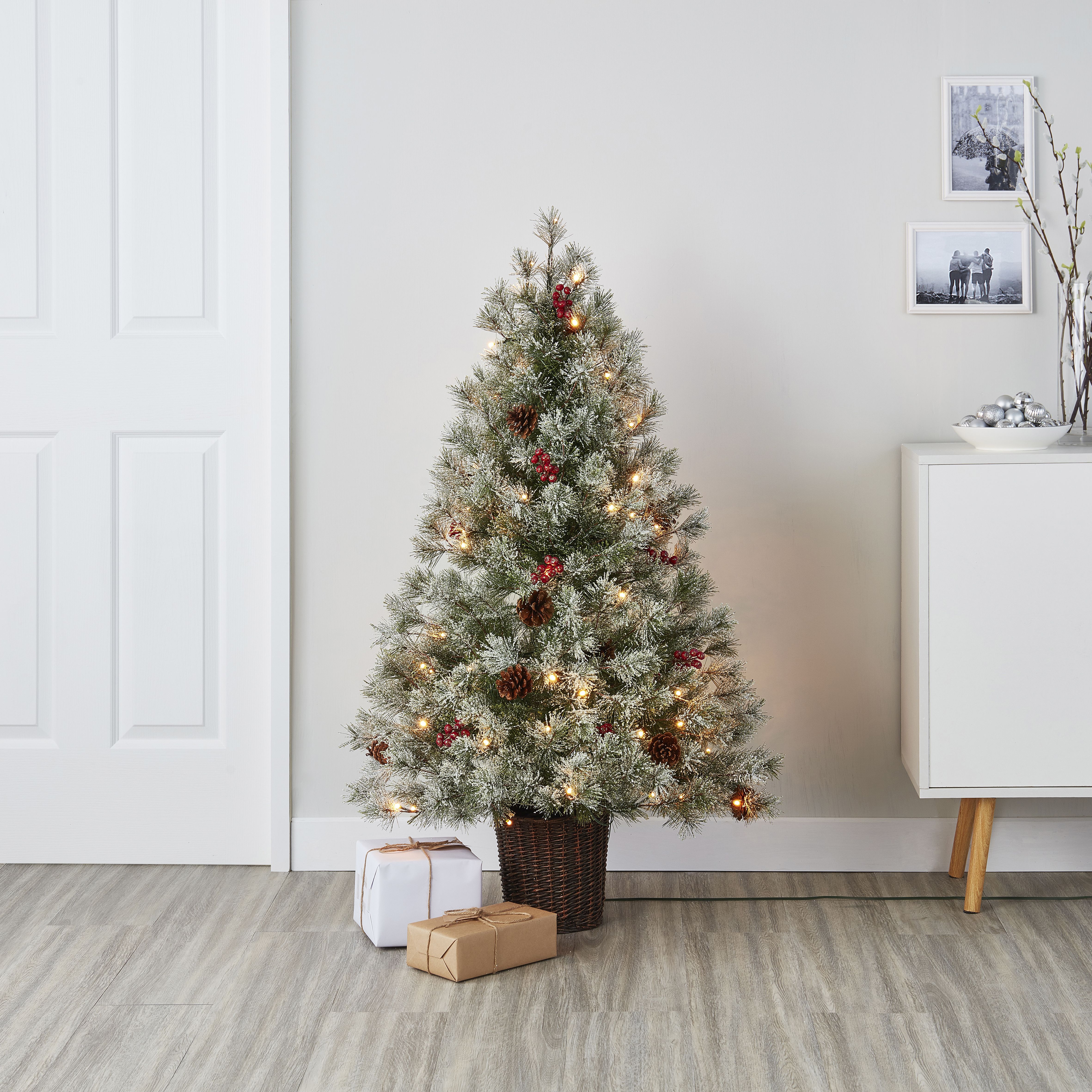 4ft Full Fairview Warm white LED Berry & cone Pre-lit Flocked effect ...