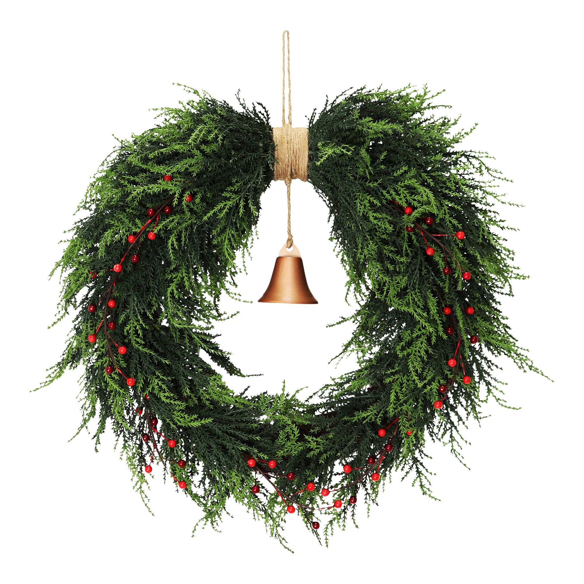 50cm Red berries & bell Christmas wreath - Green