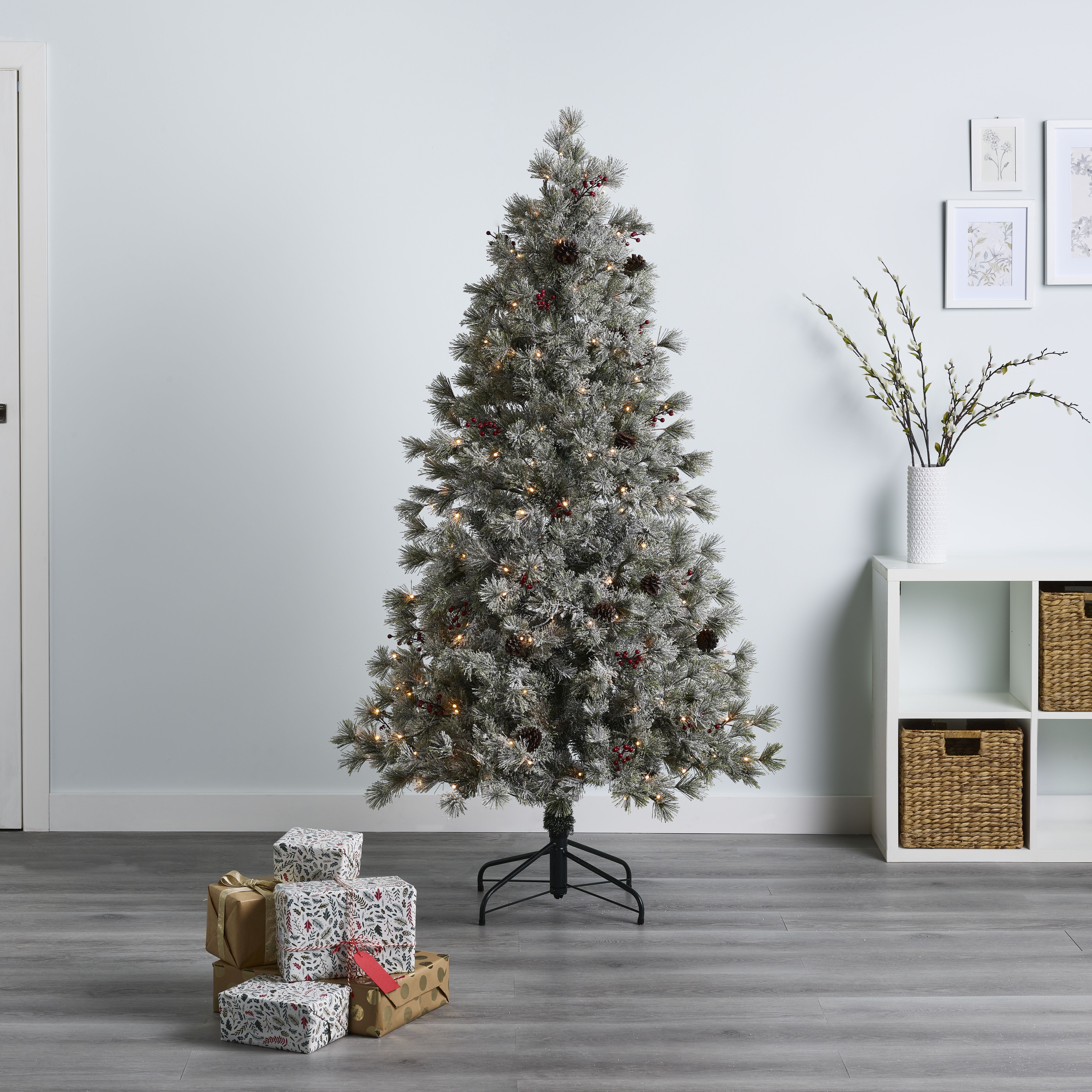 6ft Full Forrester Warm white LED Berry & pinecone Pre-lit Flocked ...