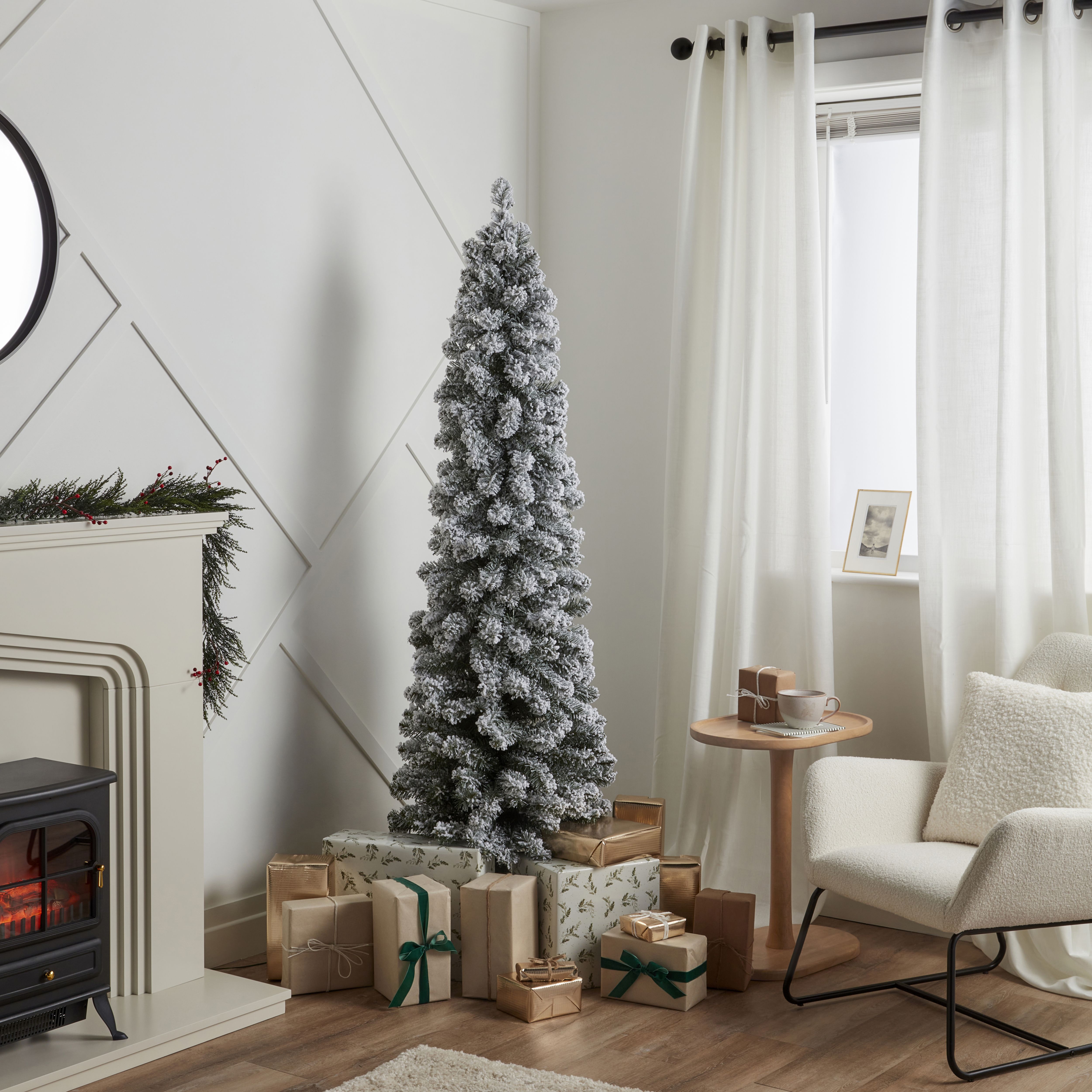 6ft Slim Olan Warm white LED Pre-lit Flocked effect Artificial ...