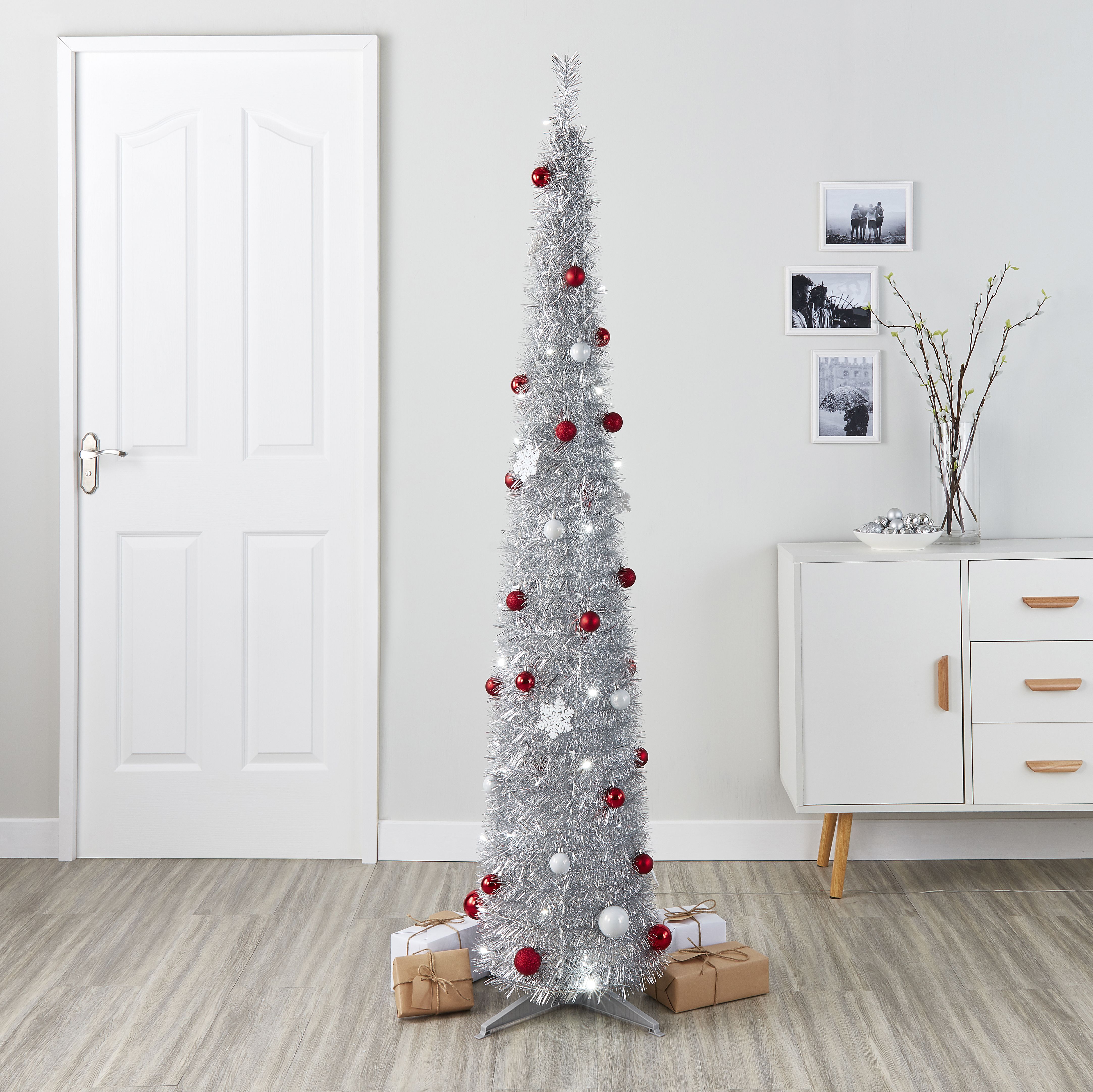 6ft Slim Trevalli White LED Pre-decorated Pre-lit Silver effect ...