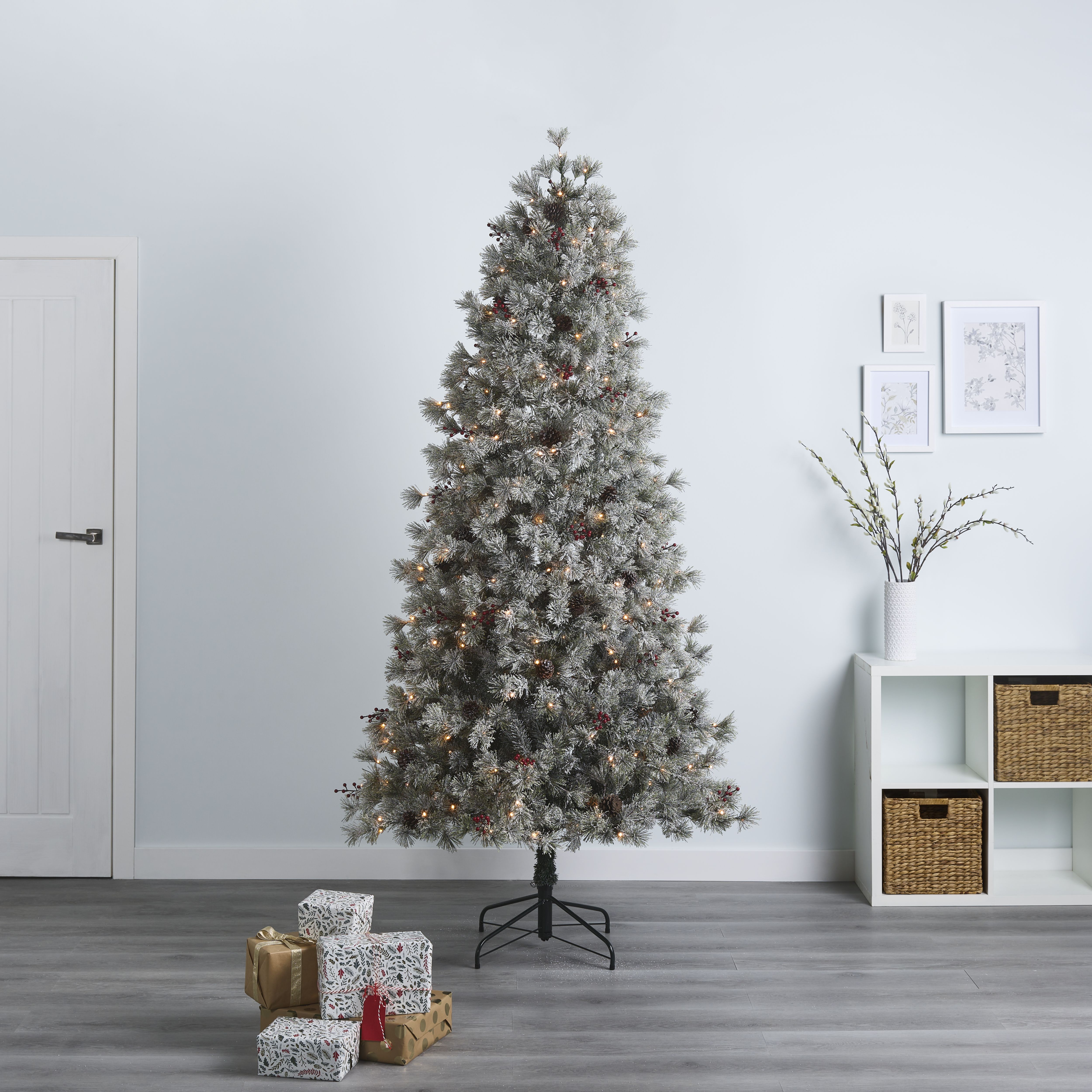 7.6ft Full Forrester Warm white LED Berries & Pine Cones Pre-lit ...