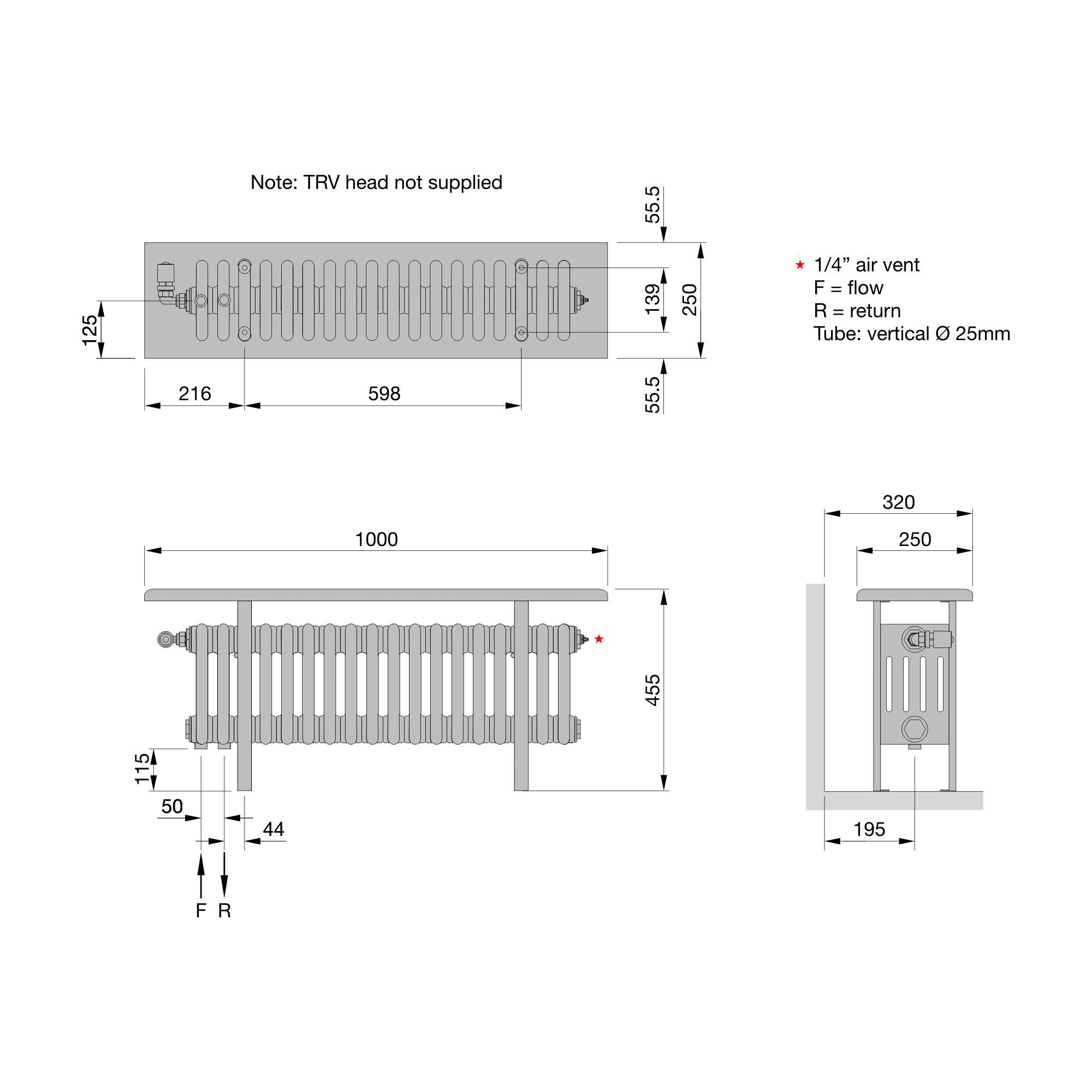 Acova White 4 Column Radiator, (W)1000mm x (H)455mm