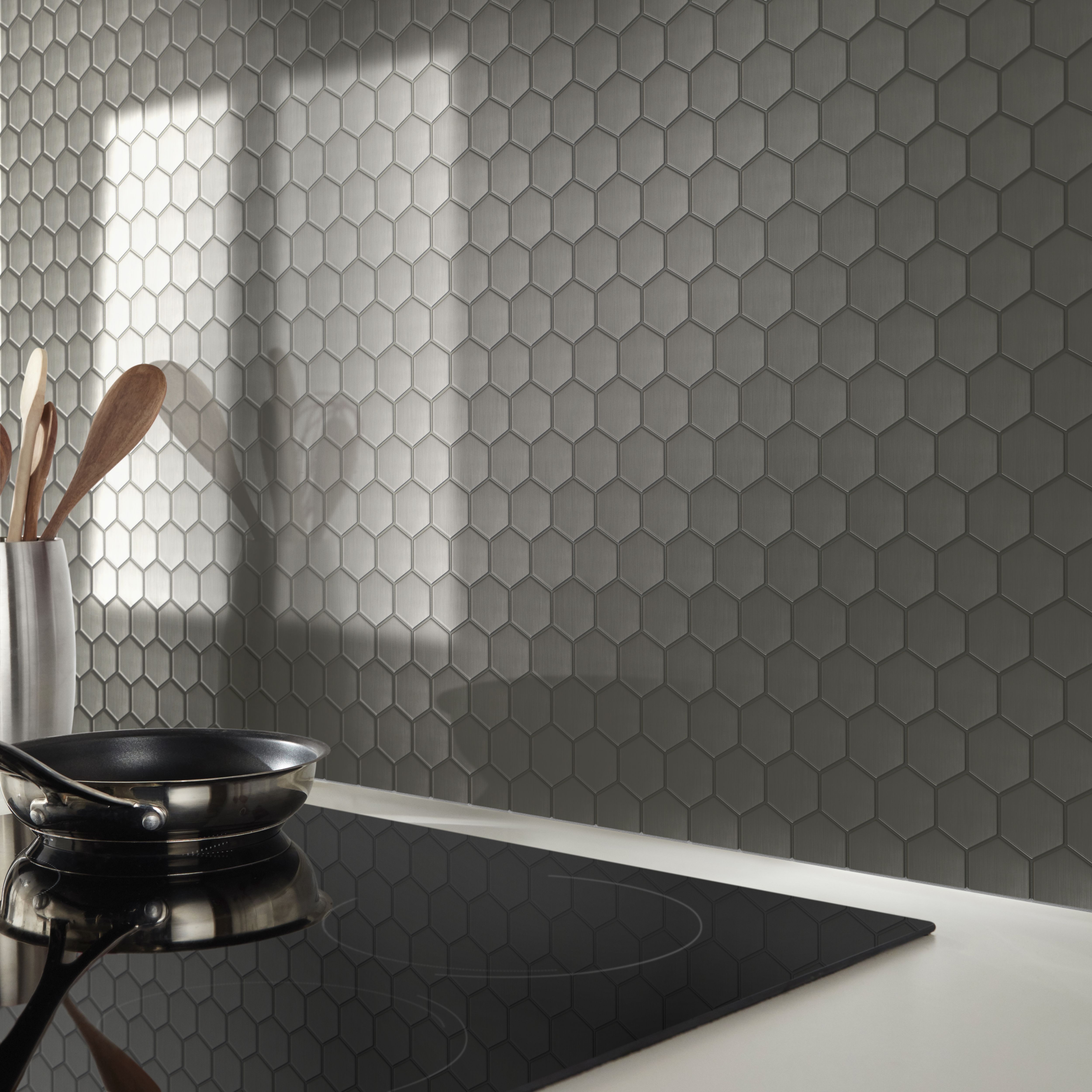 Albena Grey Satin Metal effect Flat Stainless steel Mosaic tile sheet ...