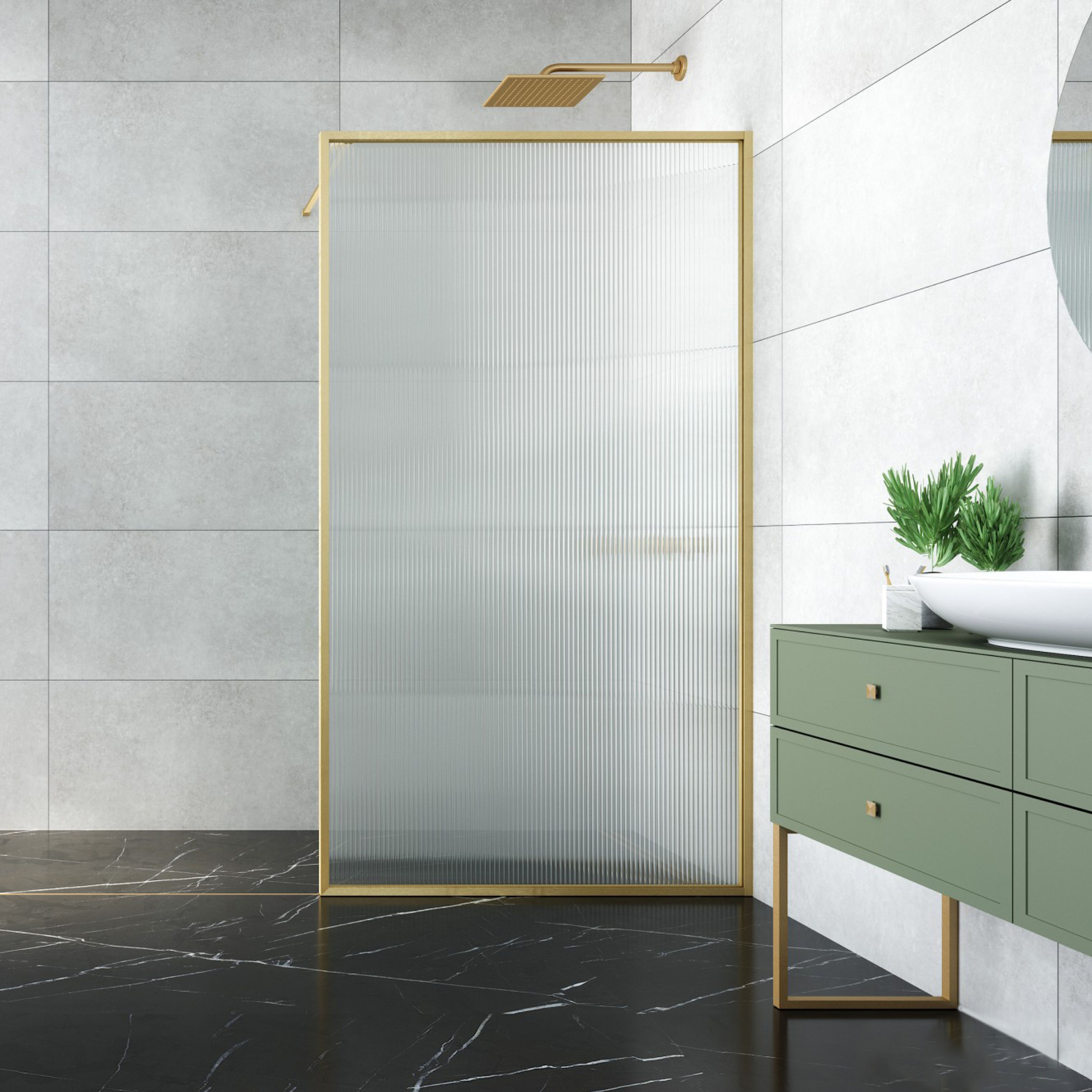 Aqualux Aq Pro Brushed Brass Fluted Single Wet Room Glass Screen H