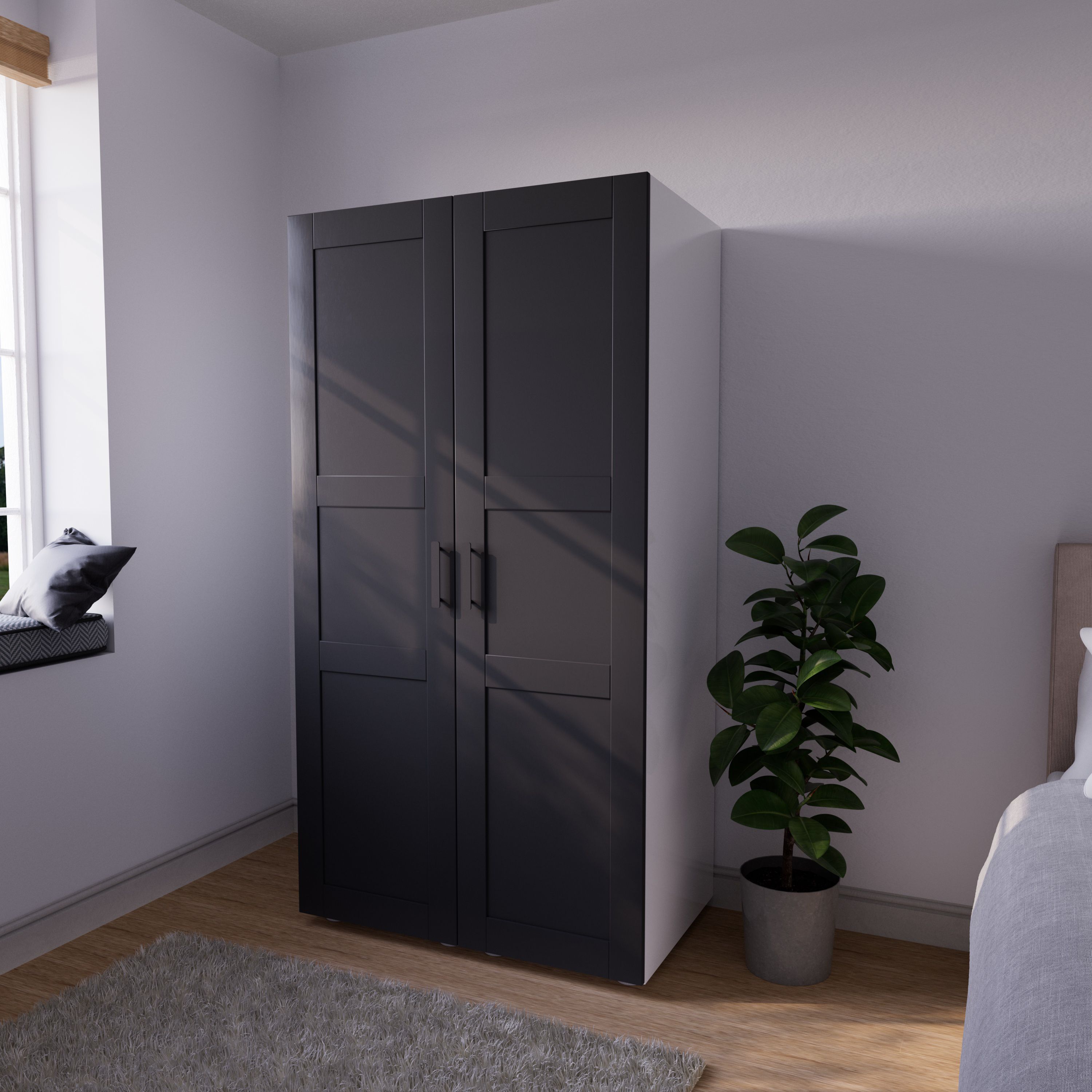 Atomia Matt Black Double Wardrobe with Shelving (H)1875mm (W)1000mm (D ...