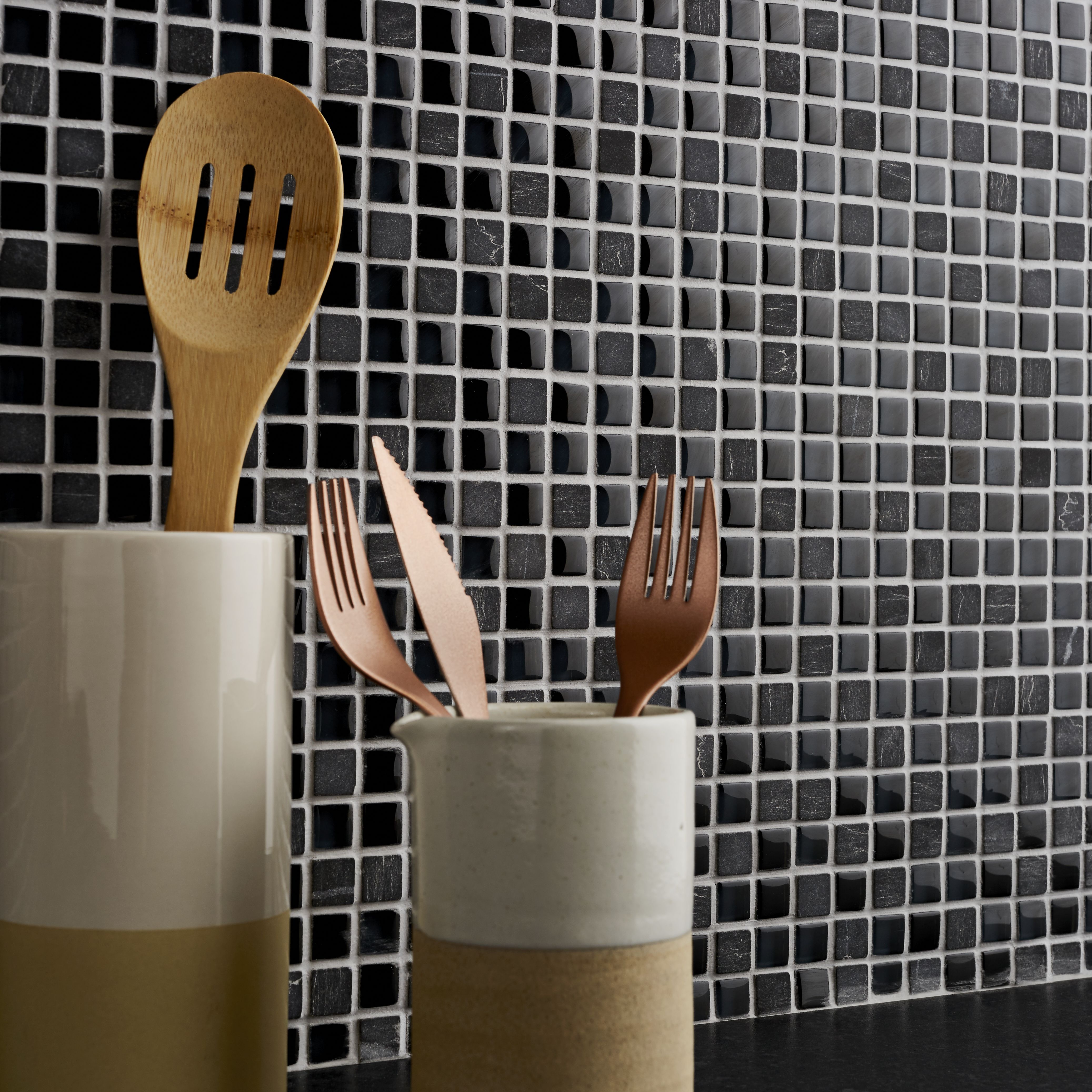 Barya Black & blue Gloss Stone effect Mosaic Glass & natural stone ...