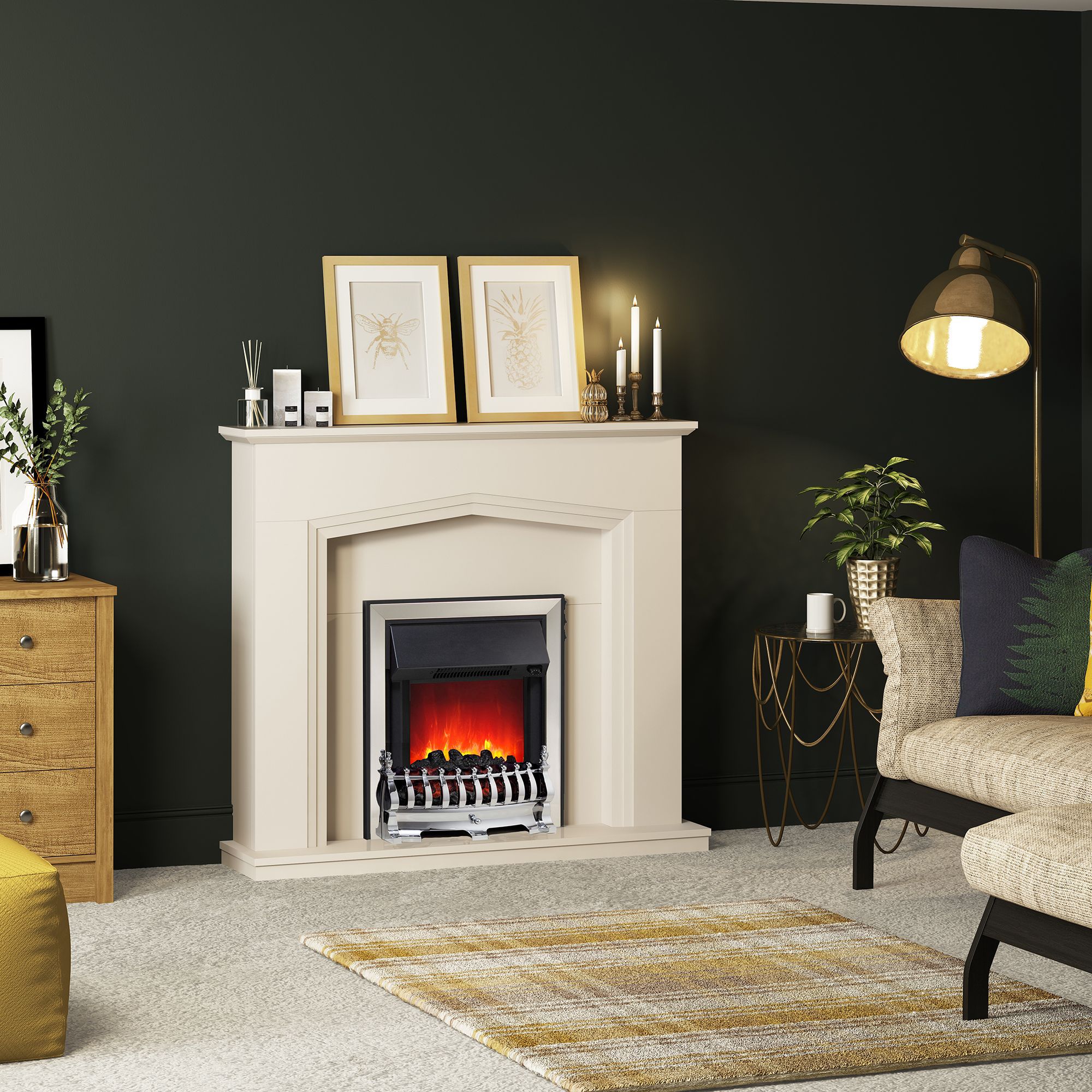 Be Modern Beauport Cashmere Chrome effect Freestanding Electric Fire suite