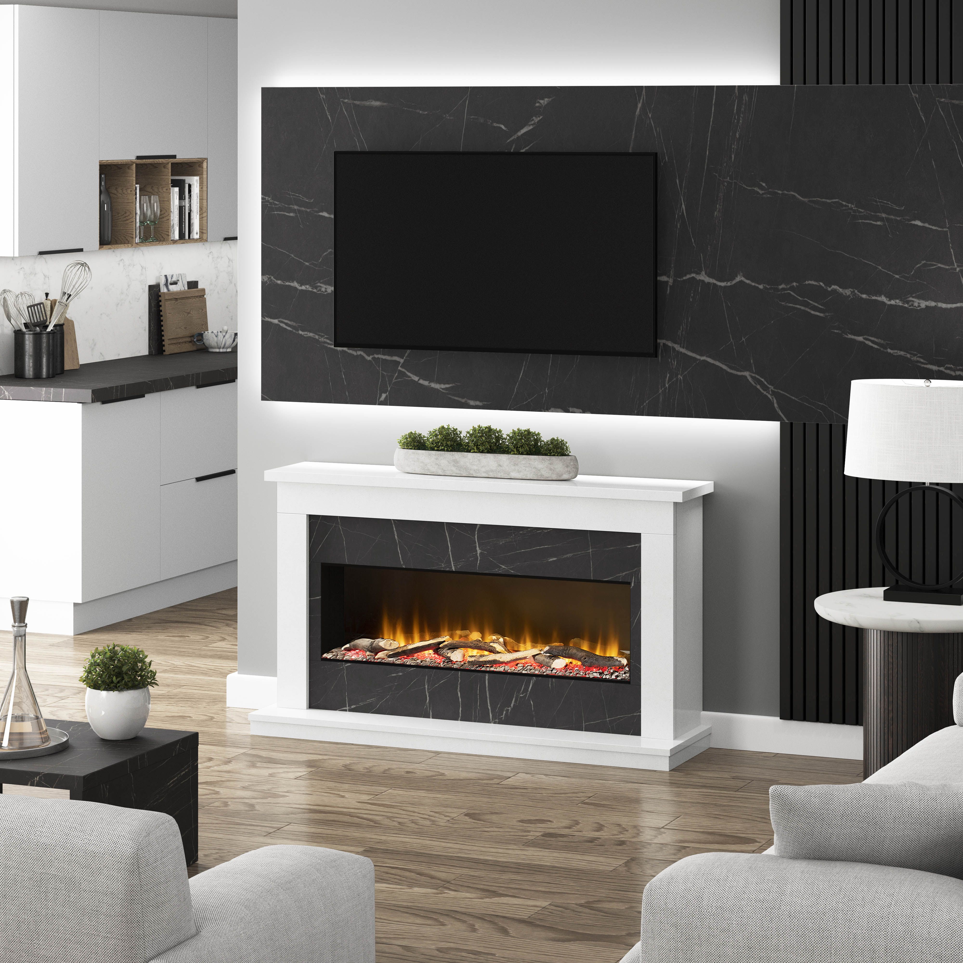 BE MODERN BROADFIELD WHITE & STORM MICRO-MARBLE OUTSET ELECTRIC FIRE SUITE