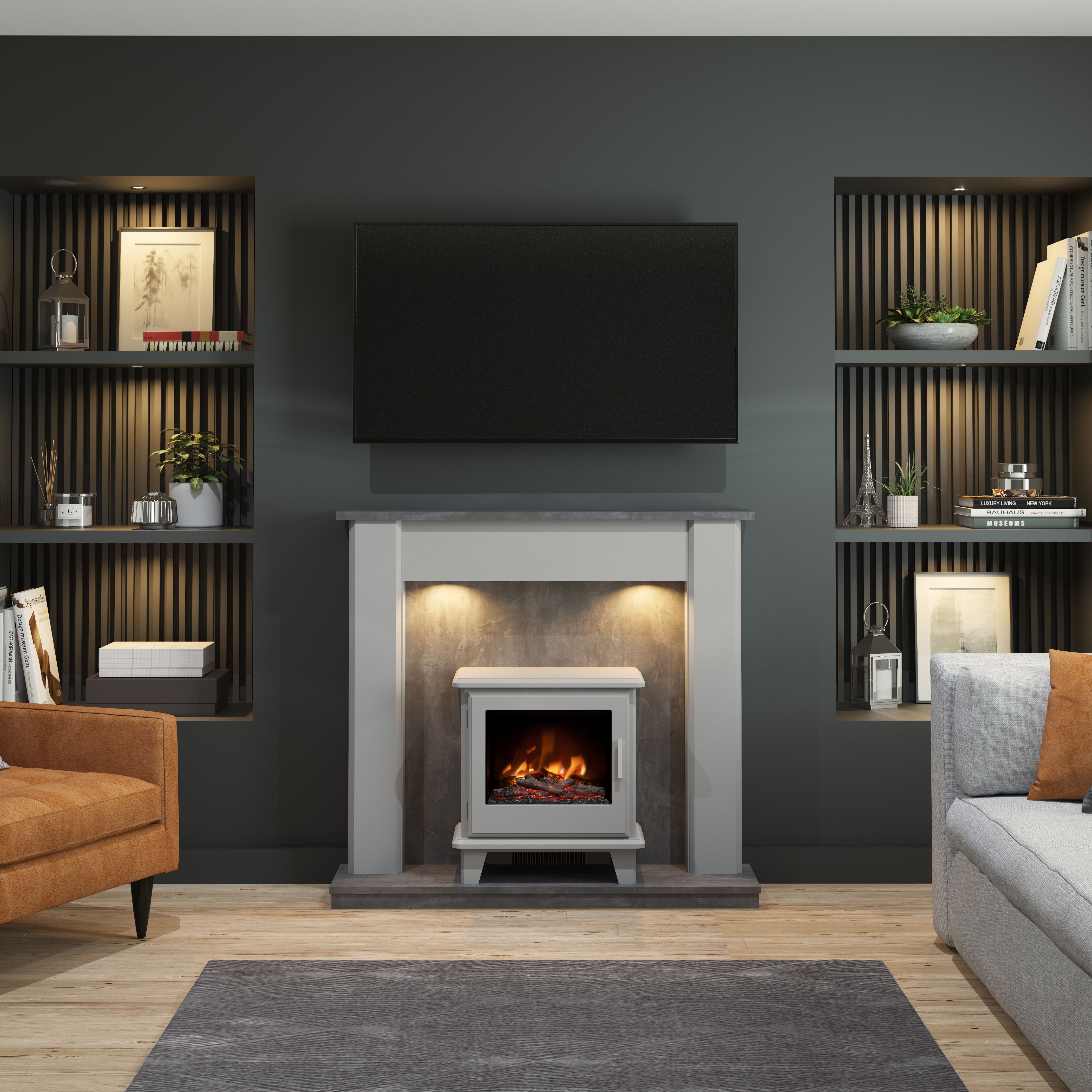 Be Modern Emmbrook Grey & Slate effect Fire surround set with Lights ...
