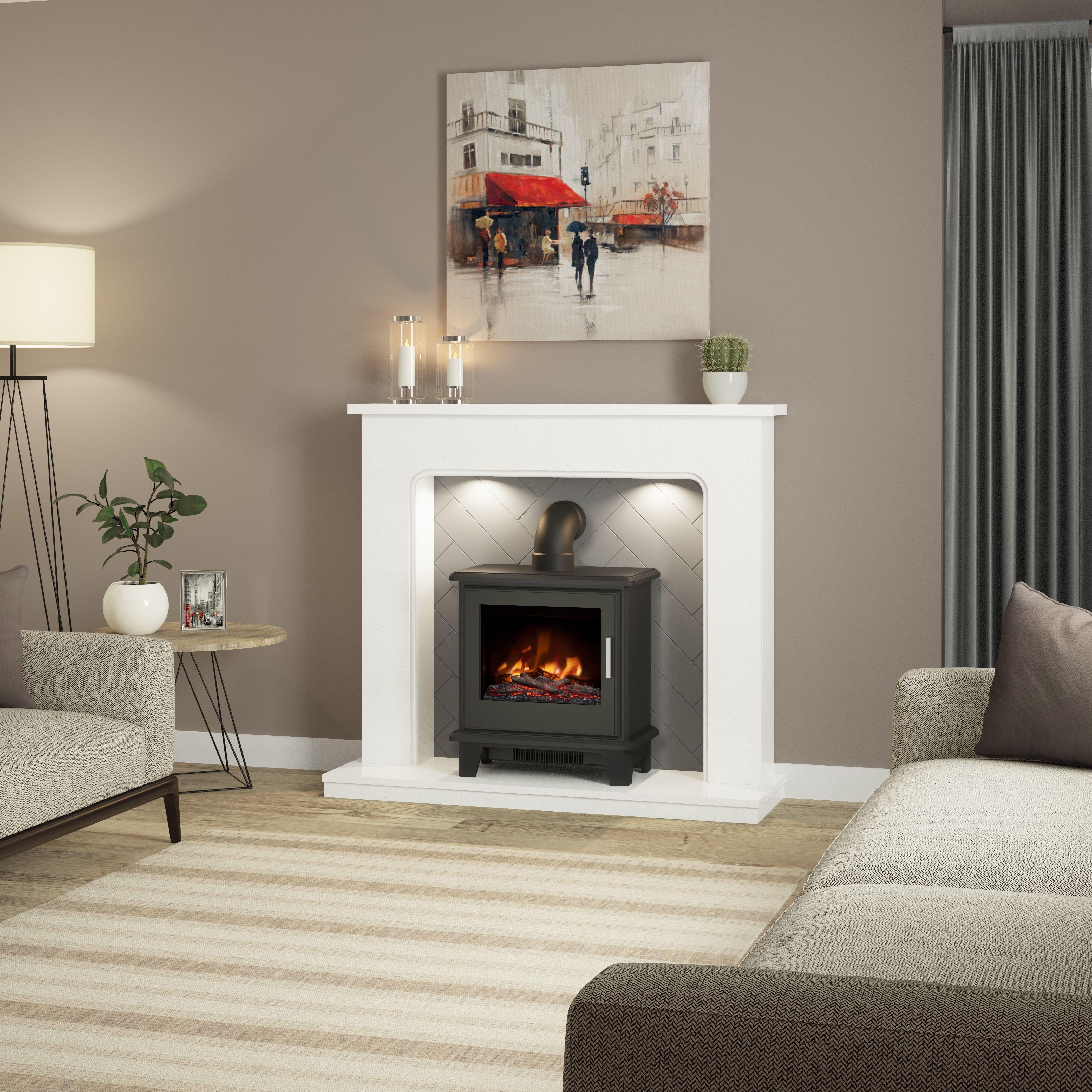 Be Modern Fontwell White marble & grey herringbone effect Fire surround ...