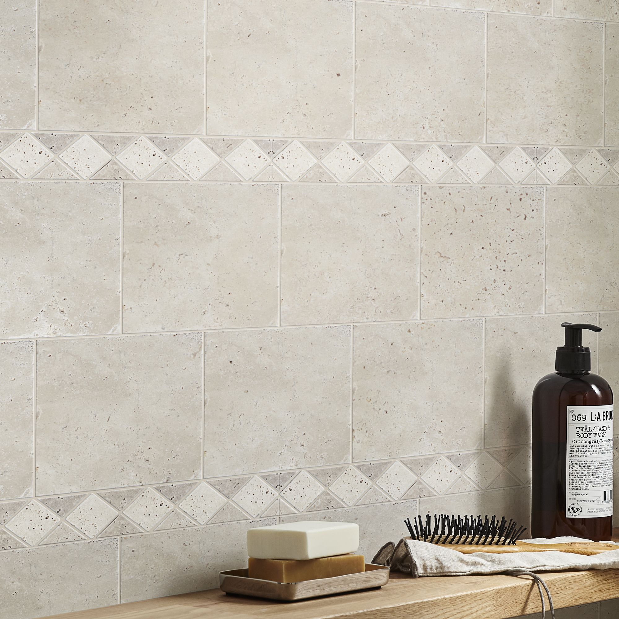Beige Diamond Stone effect Natural stone Border tile, (L)300mm (W)67mm ...