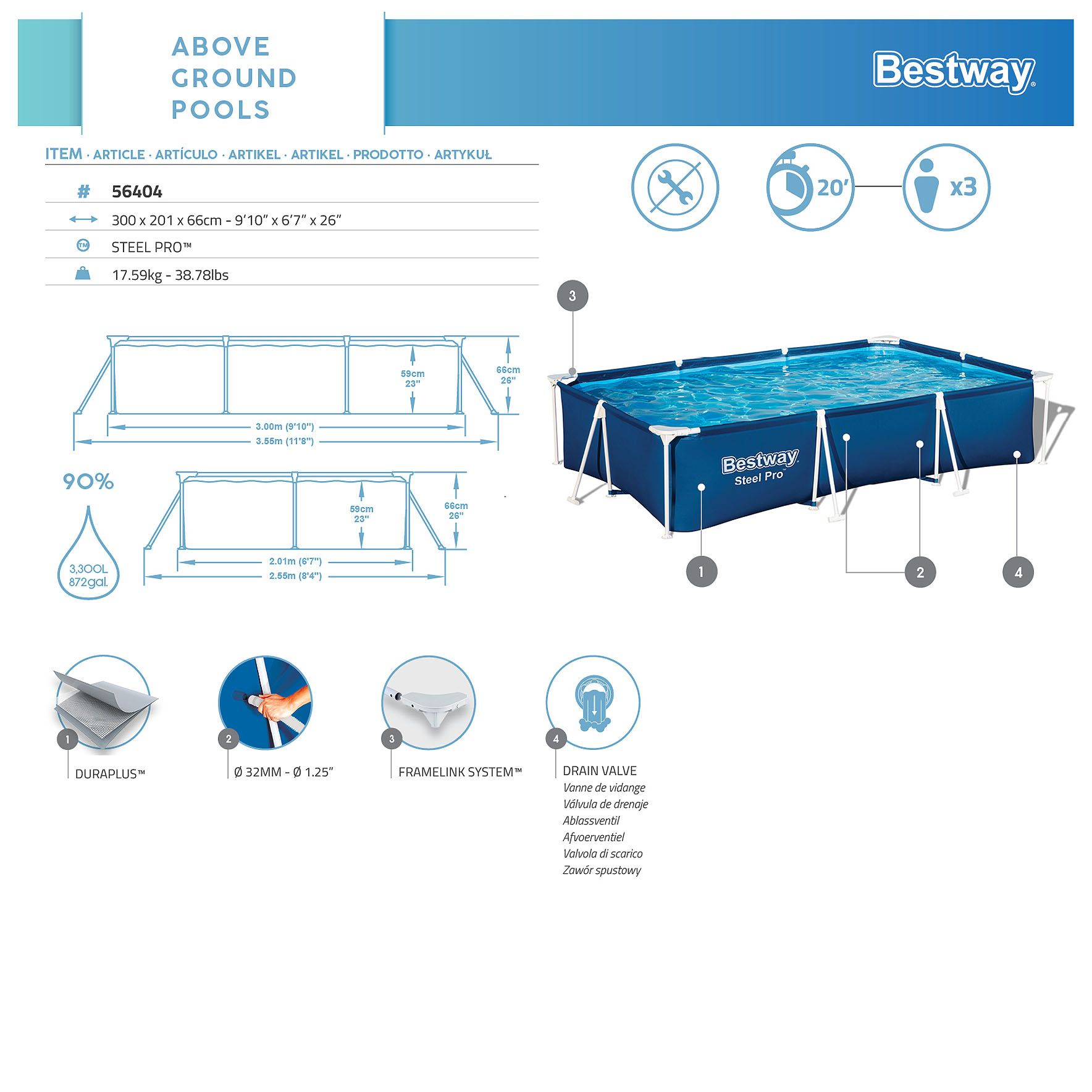Bestway Steel Pro Family lounge pool (W) 2.01m x (L) 3m