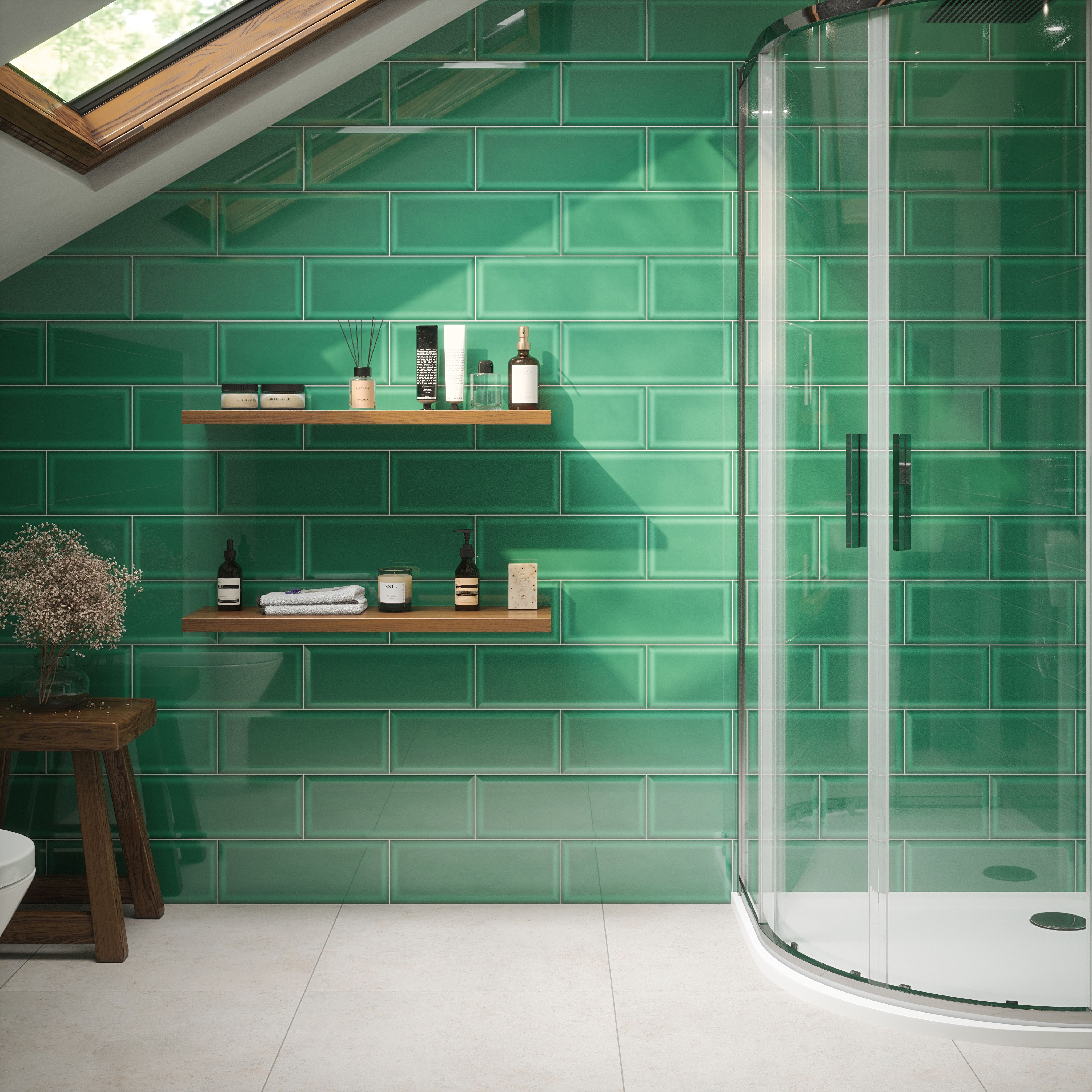 Bevel Thyme Gloss Ceramic Wall Tile, Pack of 17, (L)400mm (W)150mm ...