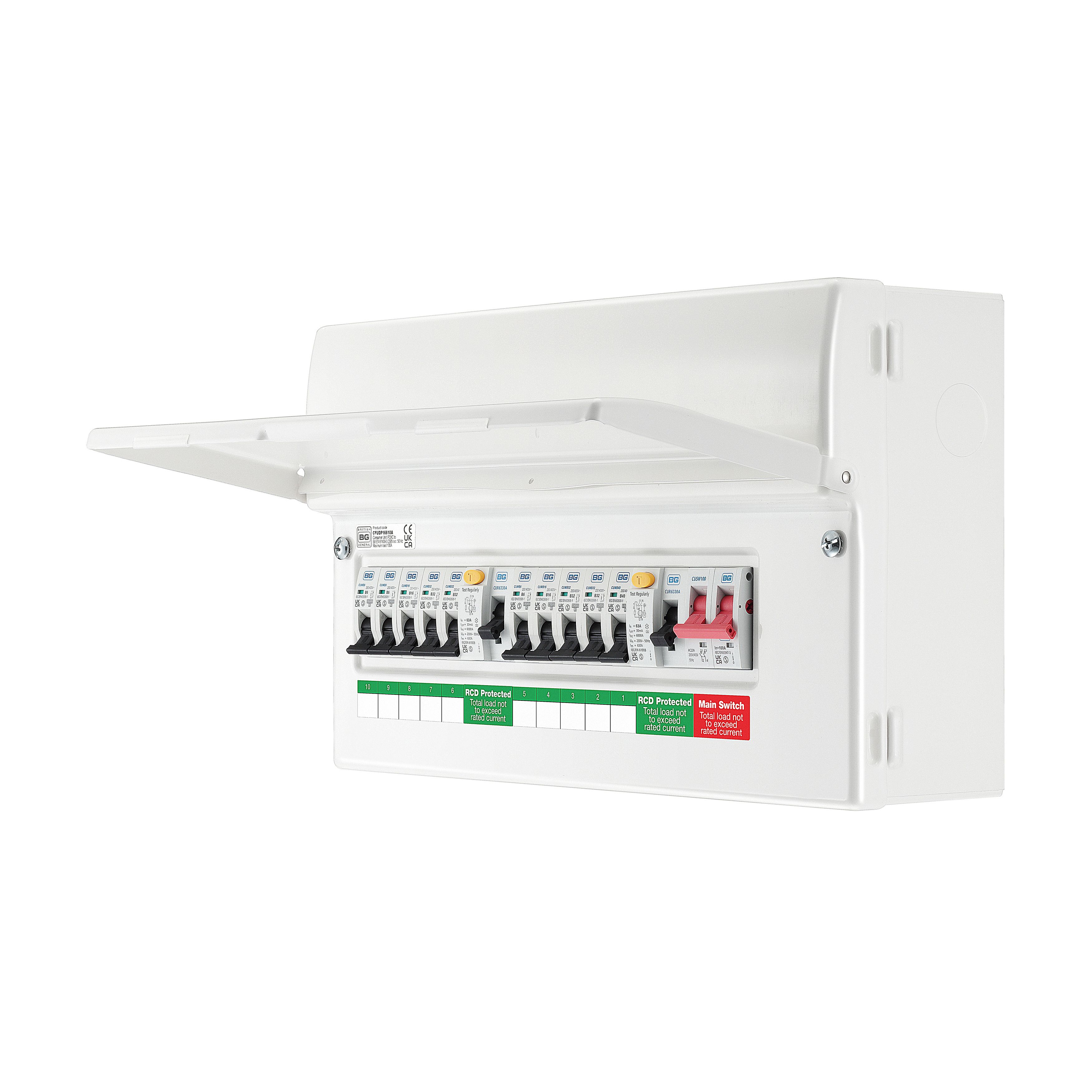 BG 10-way High integrity dual RCD Consumer unit with 100A mains switch ...