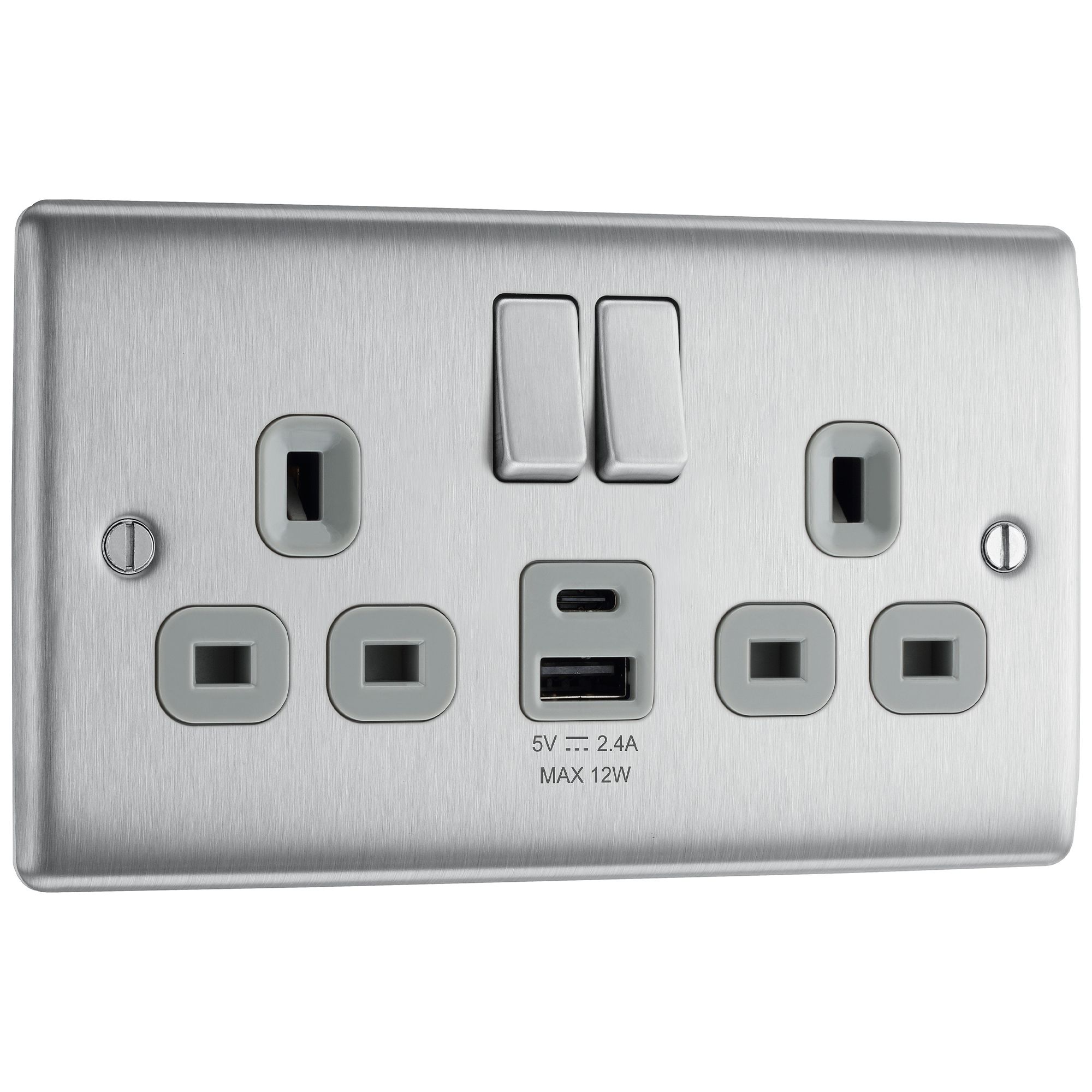 BG Brushed Steel Double 13A 12W Raised slim Switched Screwed Socket ...