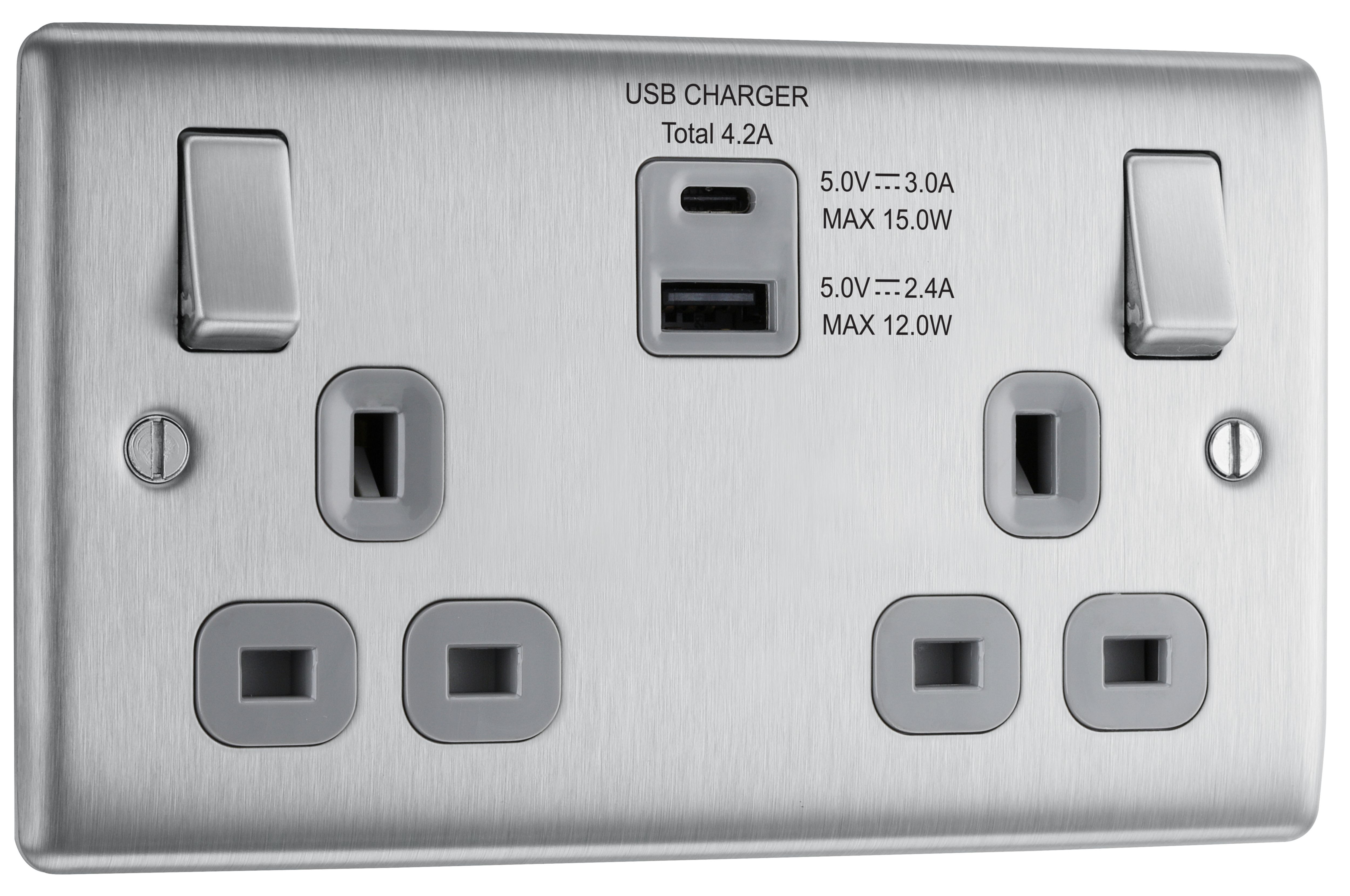 BG Brushed Steel Double 13A Raised slim Switched Screwed Socket with ...