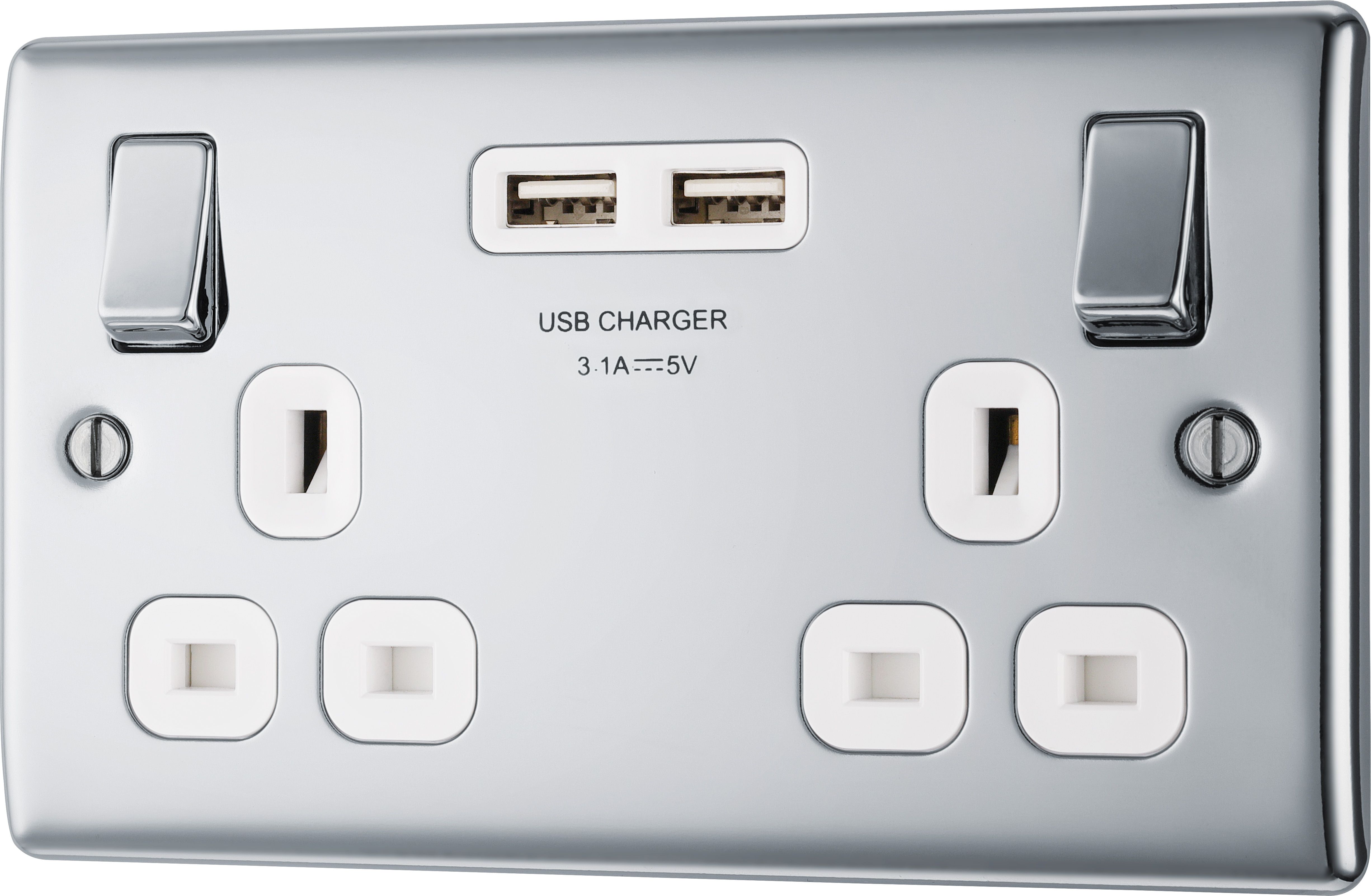 BG Chrome Double 13A Raised slim Switched Screwed Socket with USB, x2 ...