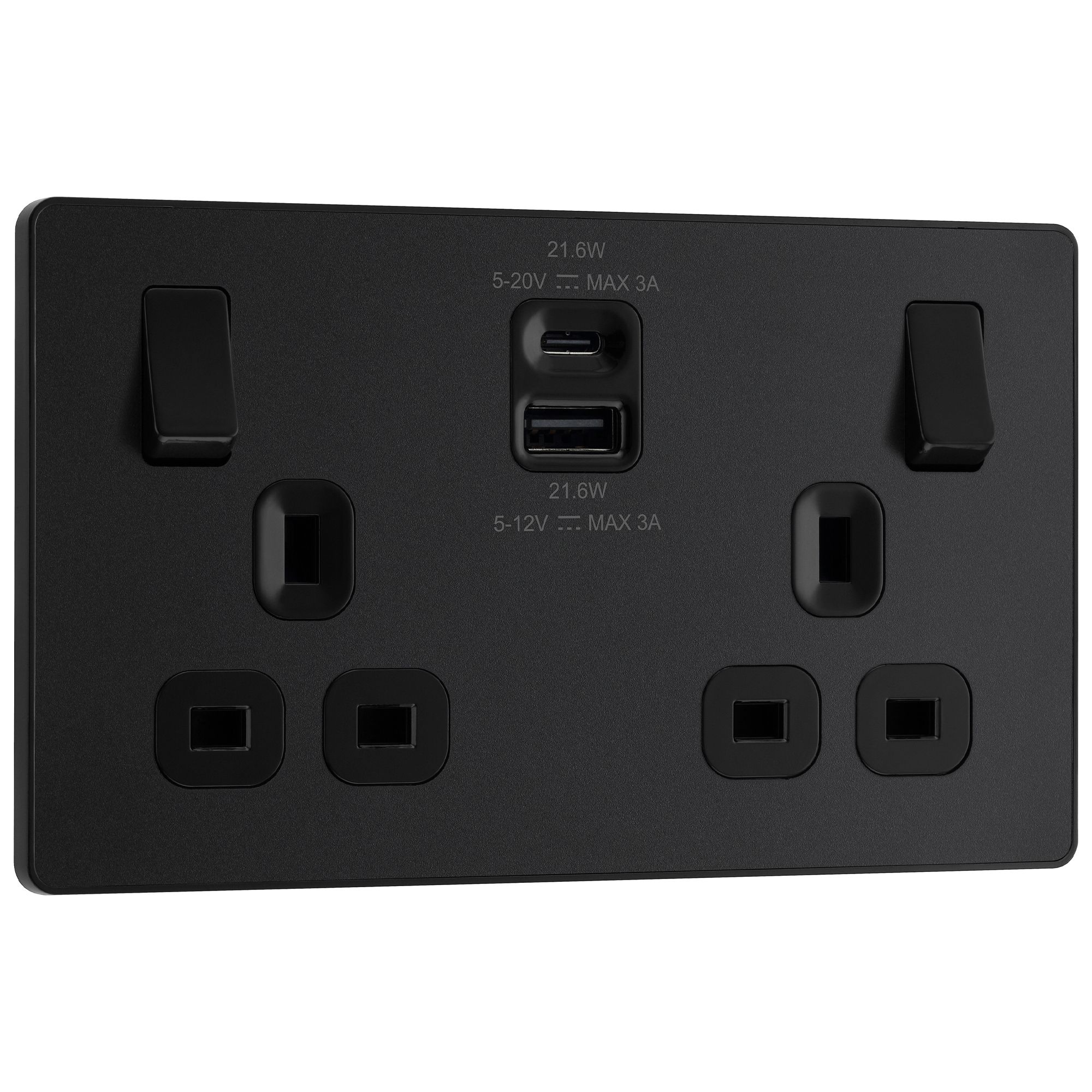 BG Matt Black Double 13A 22W Raised slim Switched Screwless Socket with ...