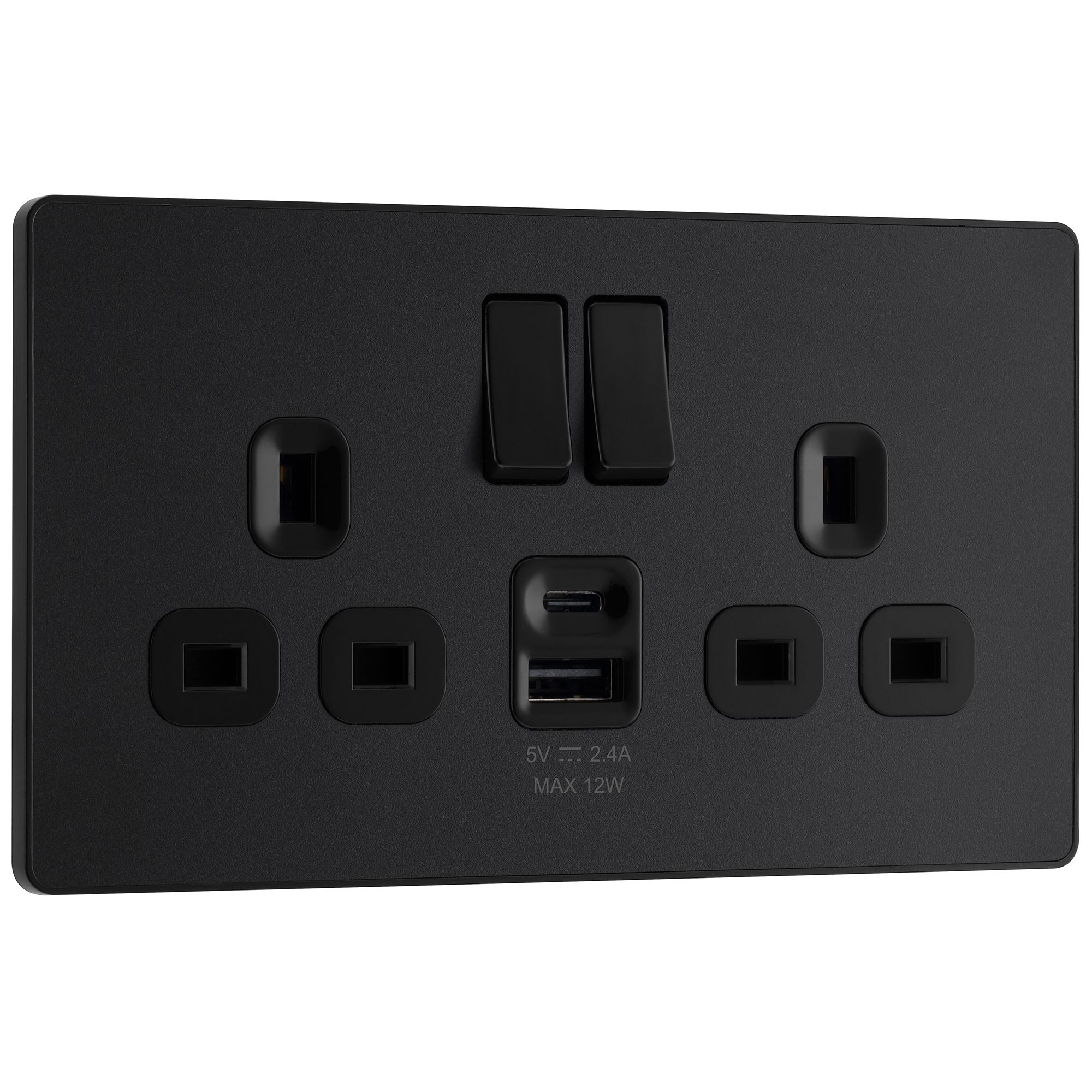 BG Matt Black Double 13A Raised slim Switched Socket with USB, x2 ...