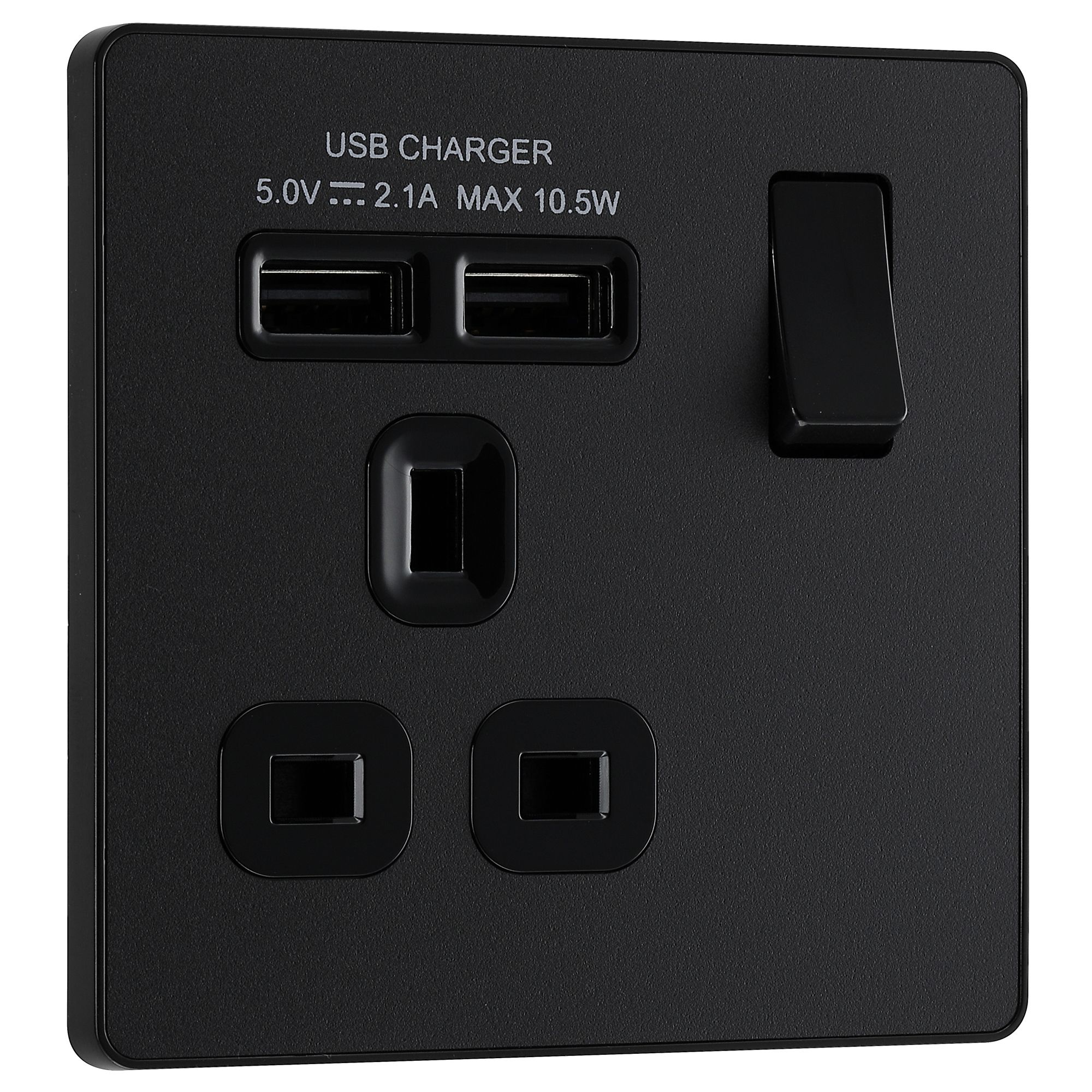 BG Matt Black Single 13A Raised slim Switched Socket with USB, x2 ...