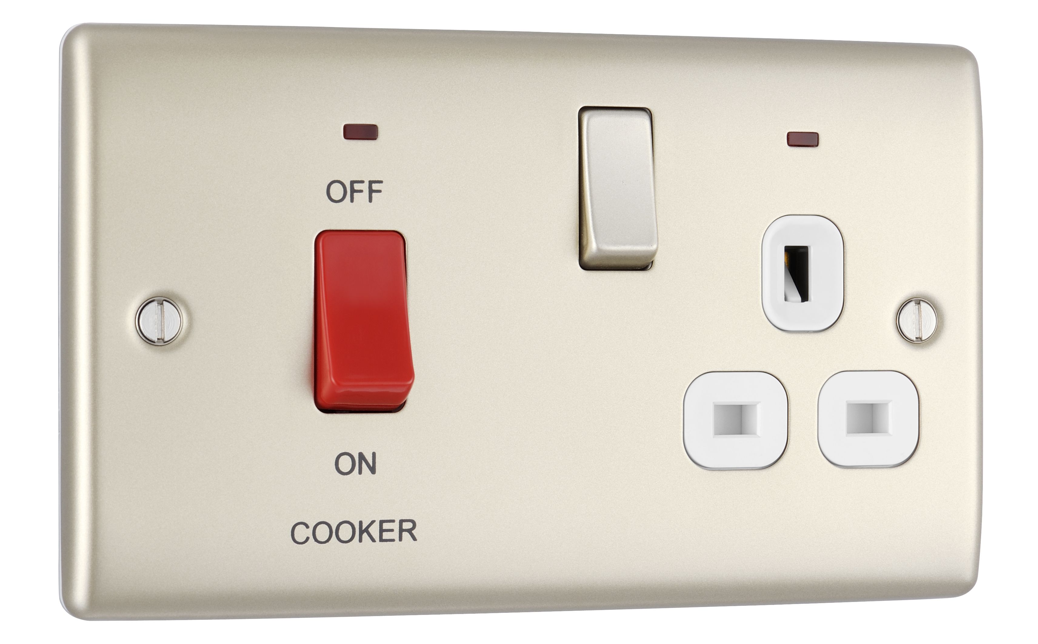 BG Nickel Cooker switch & socket with neon & White inserts