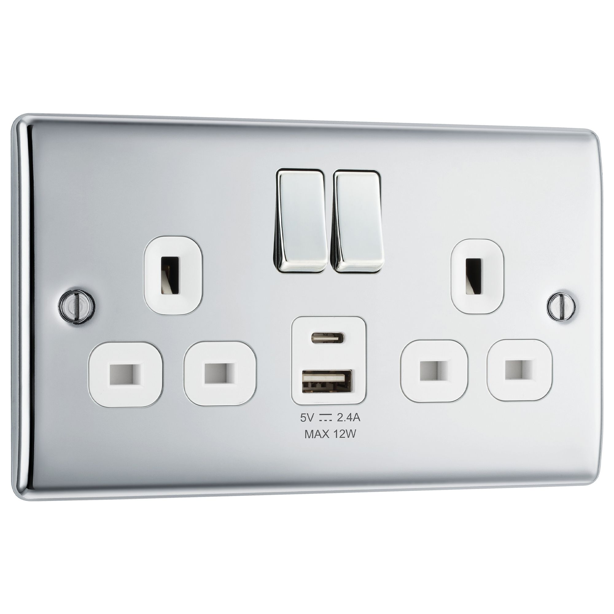 BG Polished Chrome Double 13A Raised slim Switched Socket with USB, x2 ...
