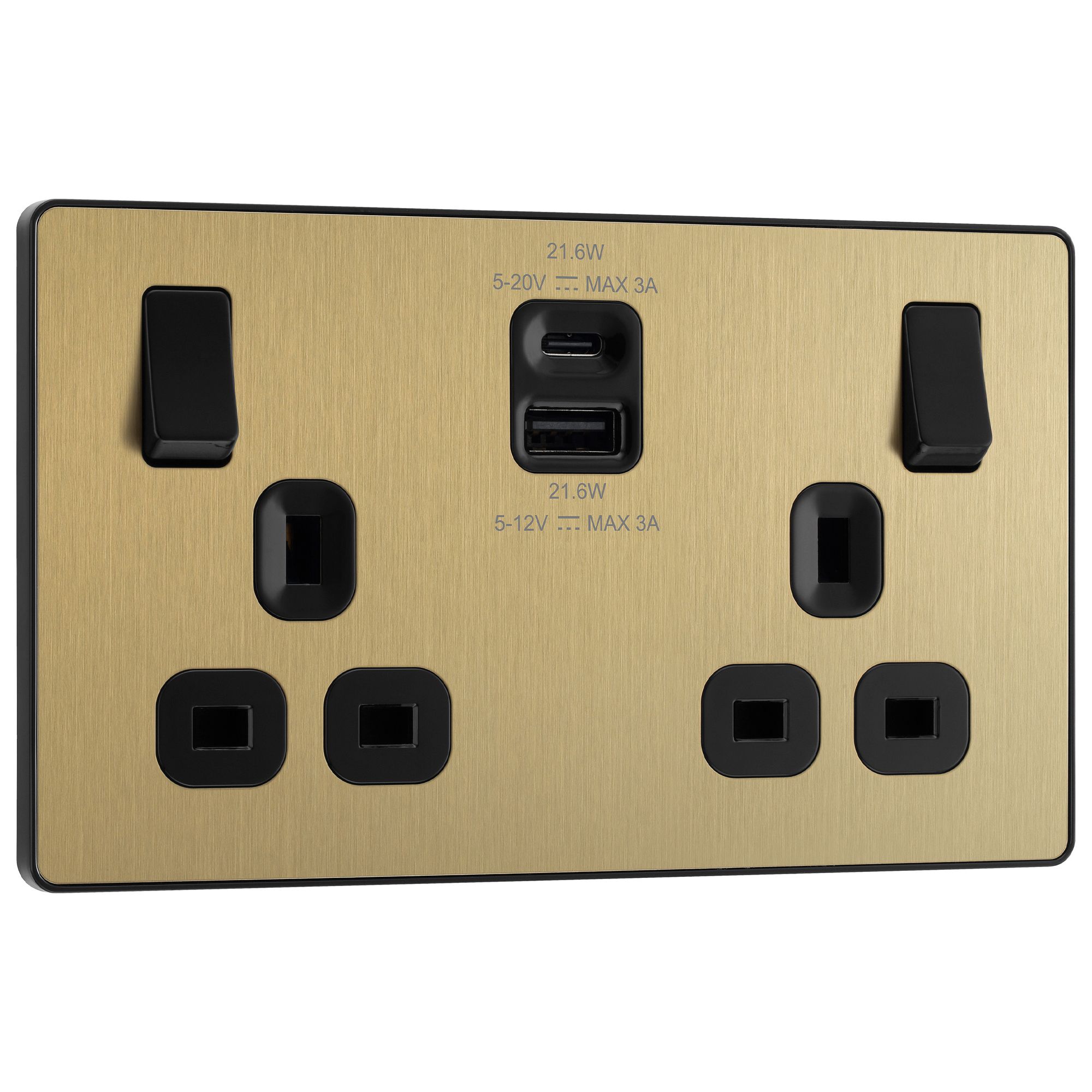 BG Satin Brass Double 13A Raised slim Switched Socket with USB, x2 ...