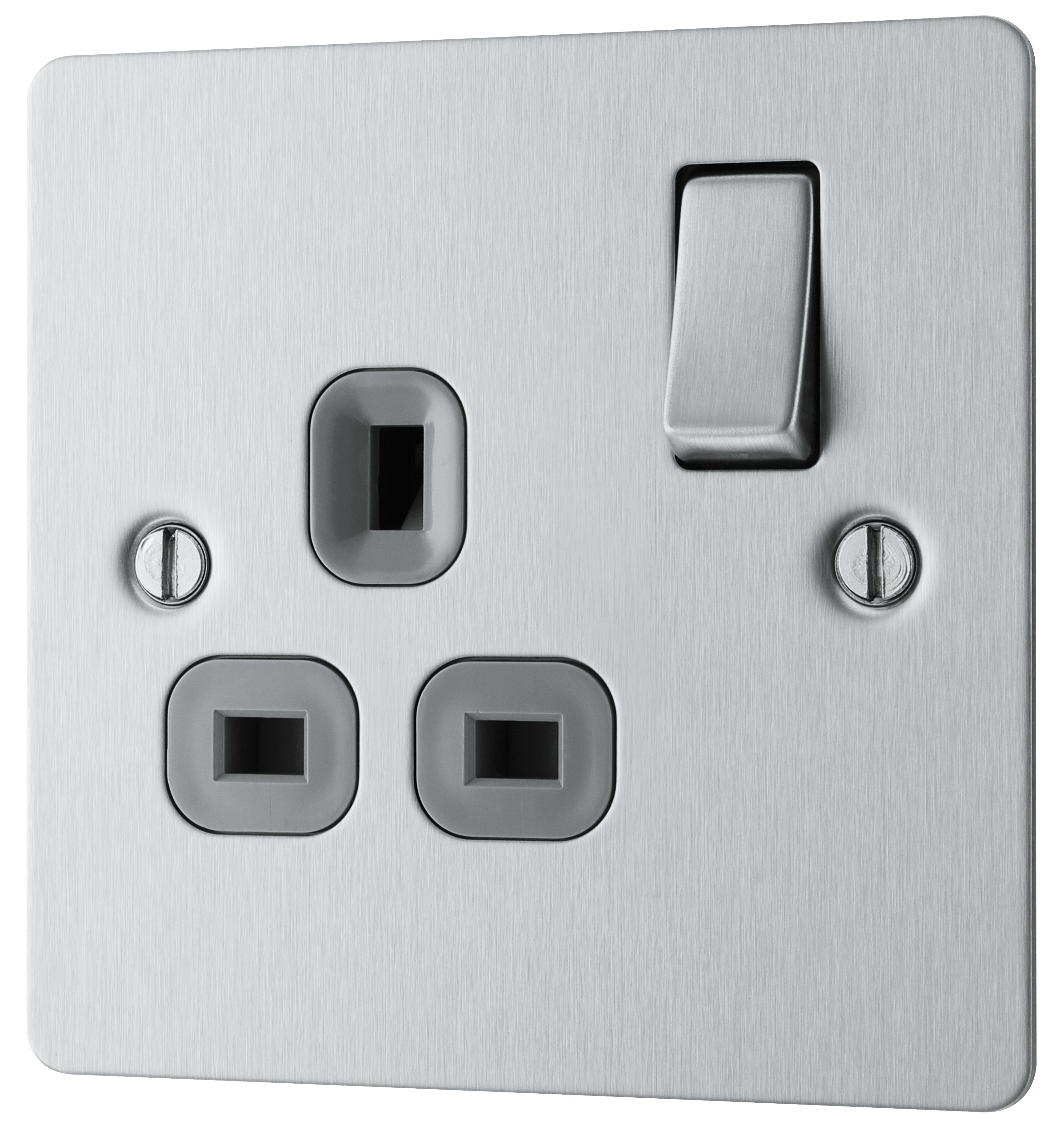 BG Steel effect Single 13A Mains fed Matt Silver Socket with 2 poles
