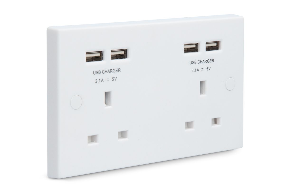 BG White Double 13A Raised square Unswitched Screwed Socket with USB, 4 ...