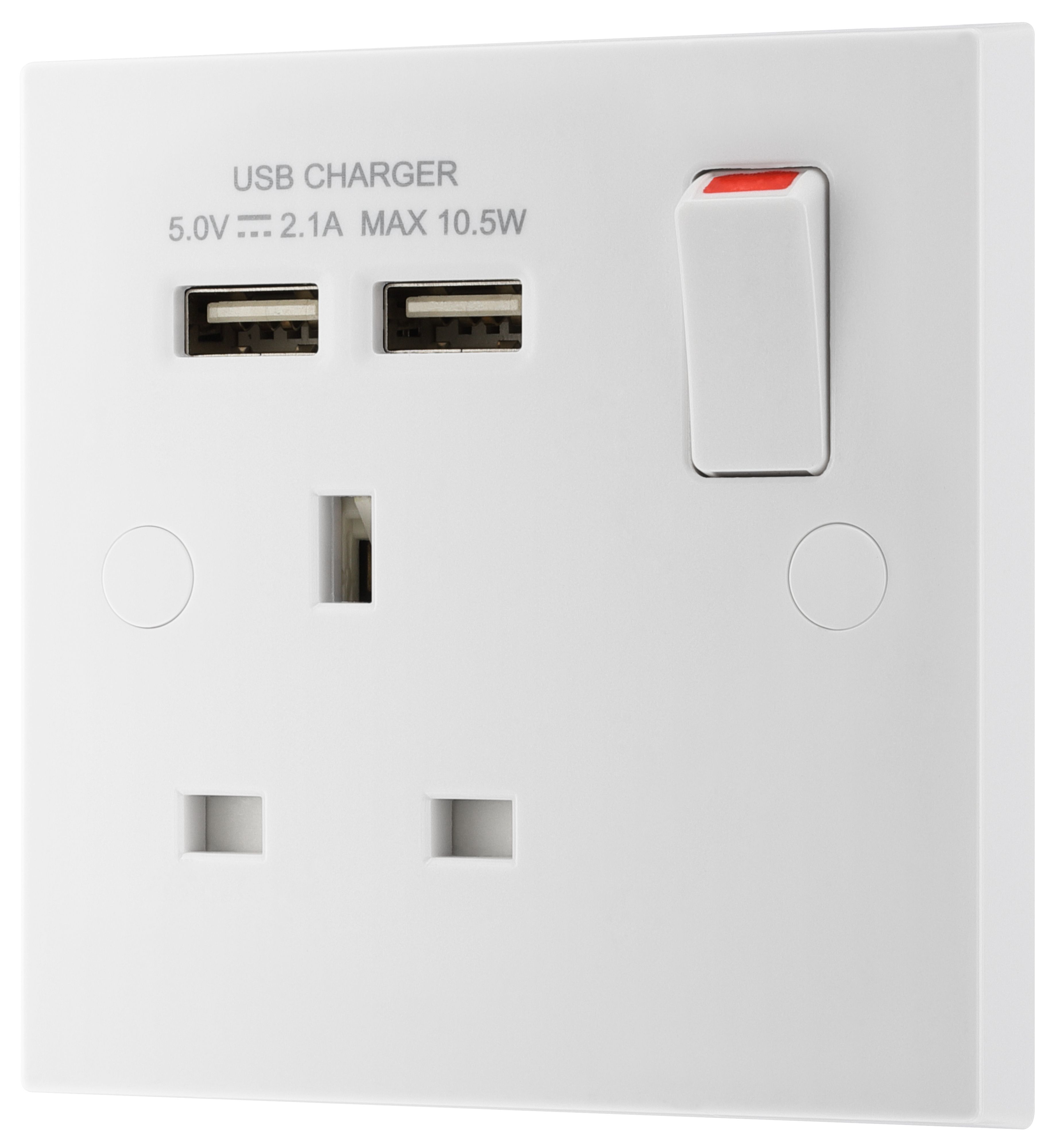 BG White Single 13A Raised square Switched Screwed Socket with USB, x2 ...