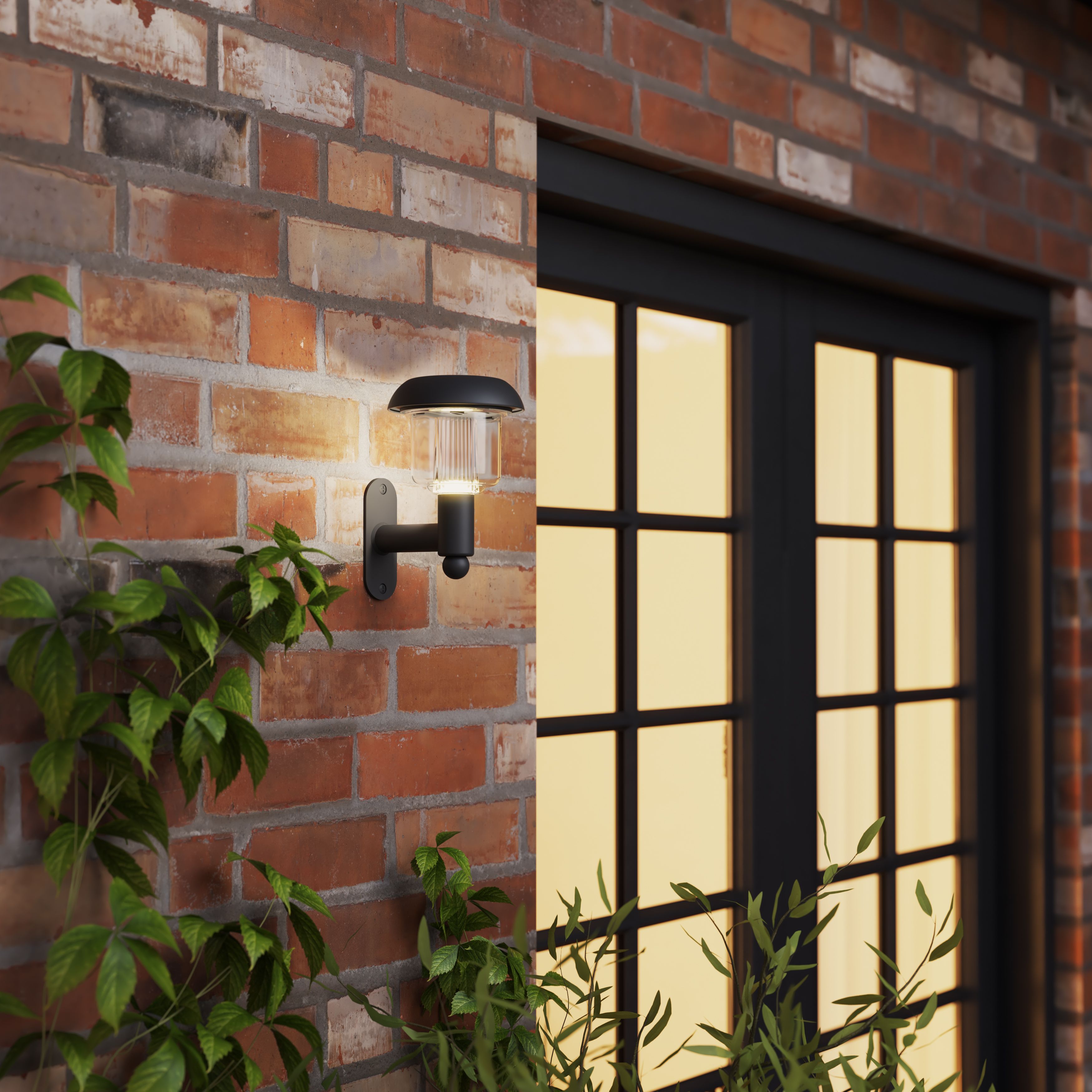 Black Solar-powered Integrated LED Outdoor Round Wall light, Pack of 1