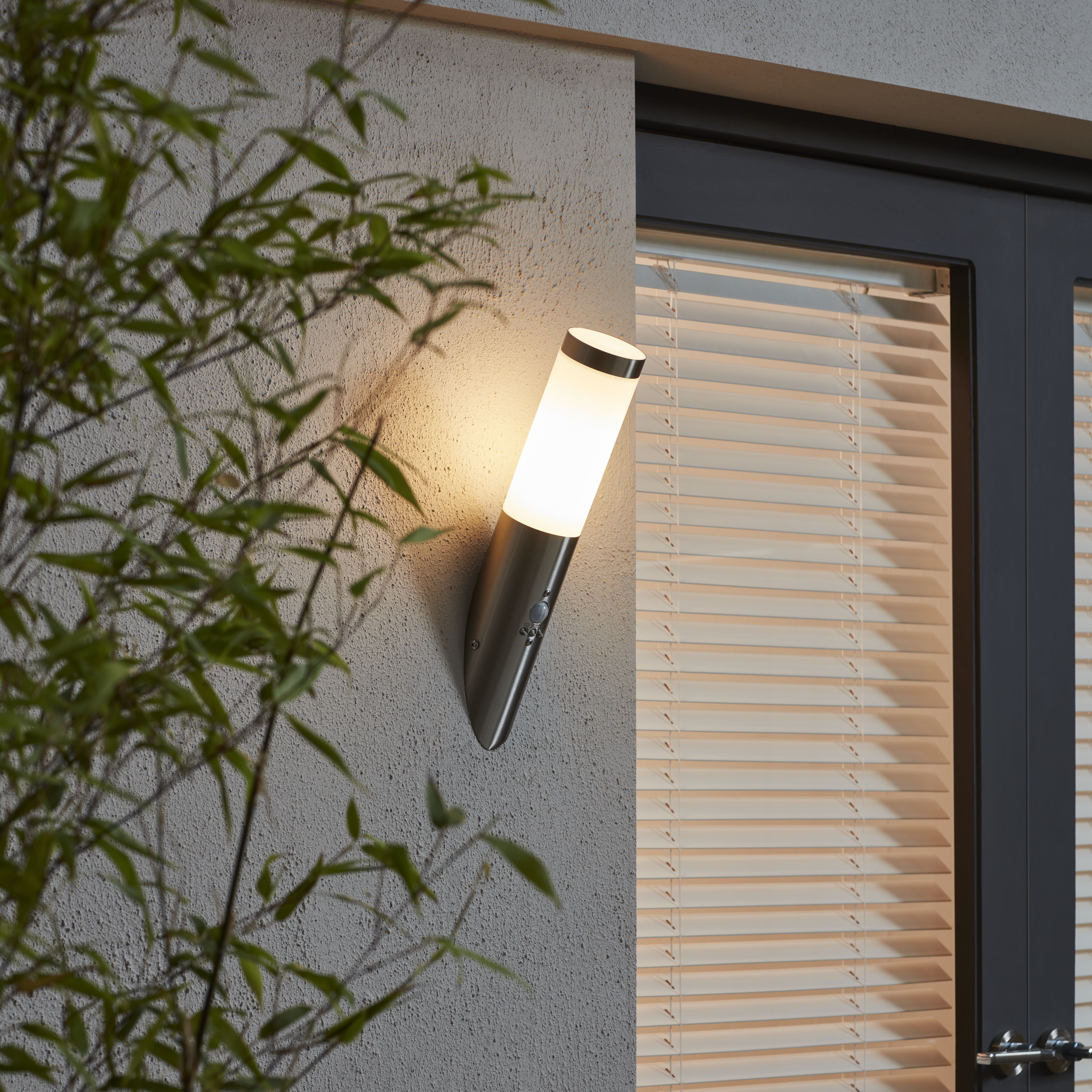 Blooma Hollis Silver effect Halogen PIR Motion sensor Outdoor Tube Wall ...