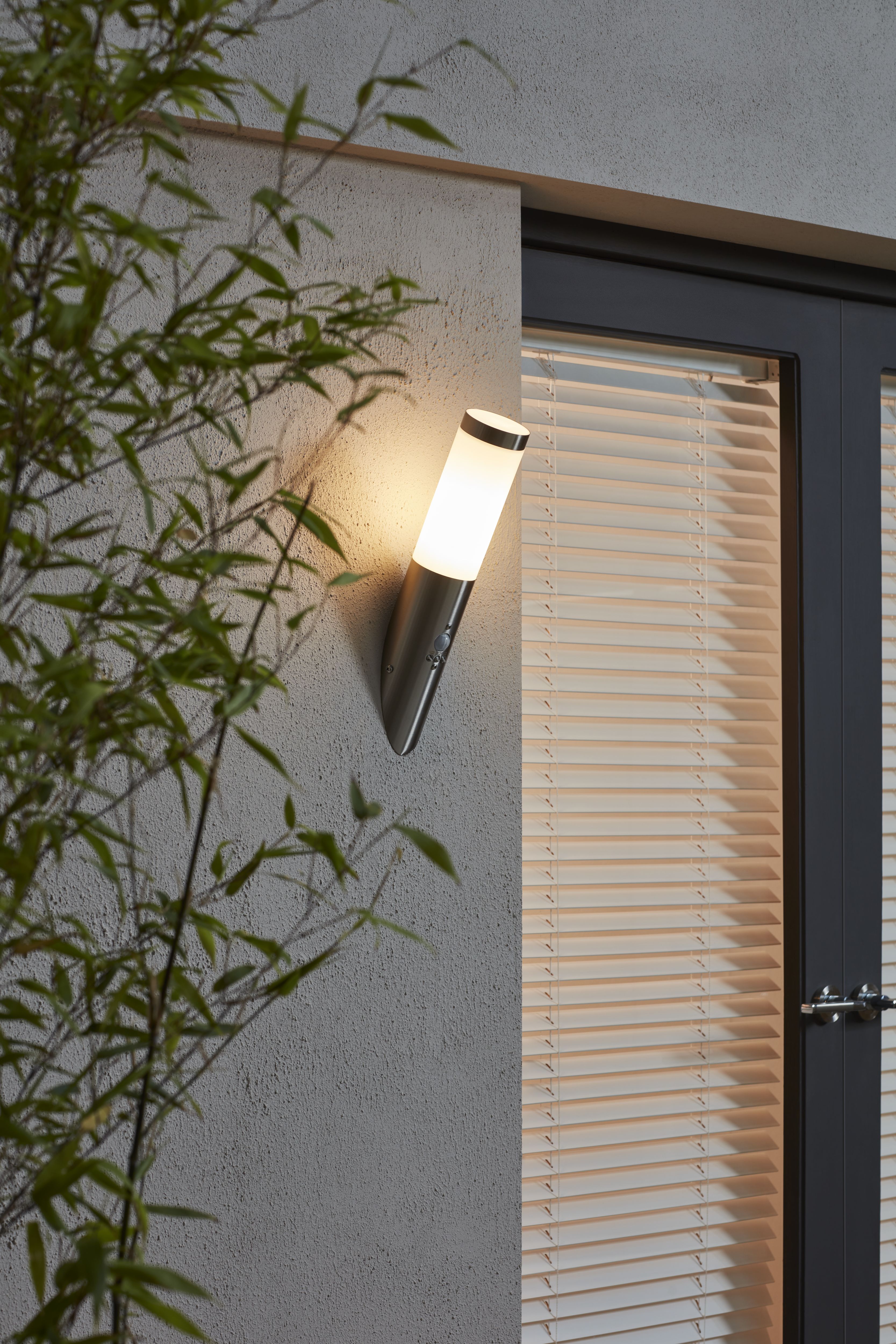 Blooma Hollis Silver effect Halogen PIR Motion sensor Outdoor Tube Wall ...