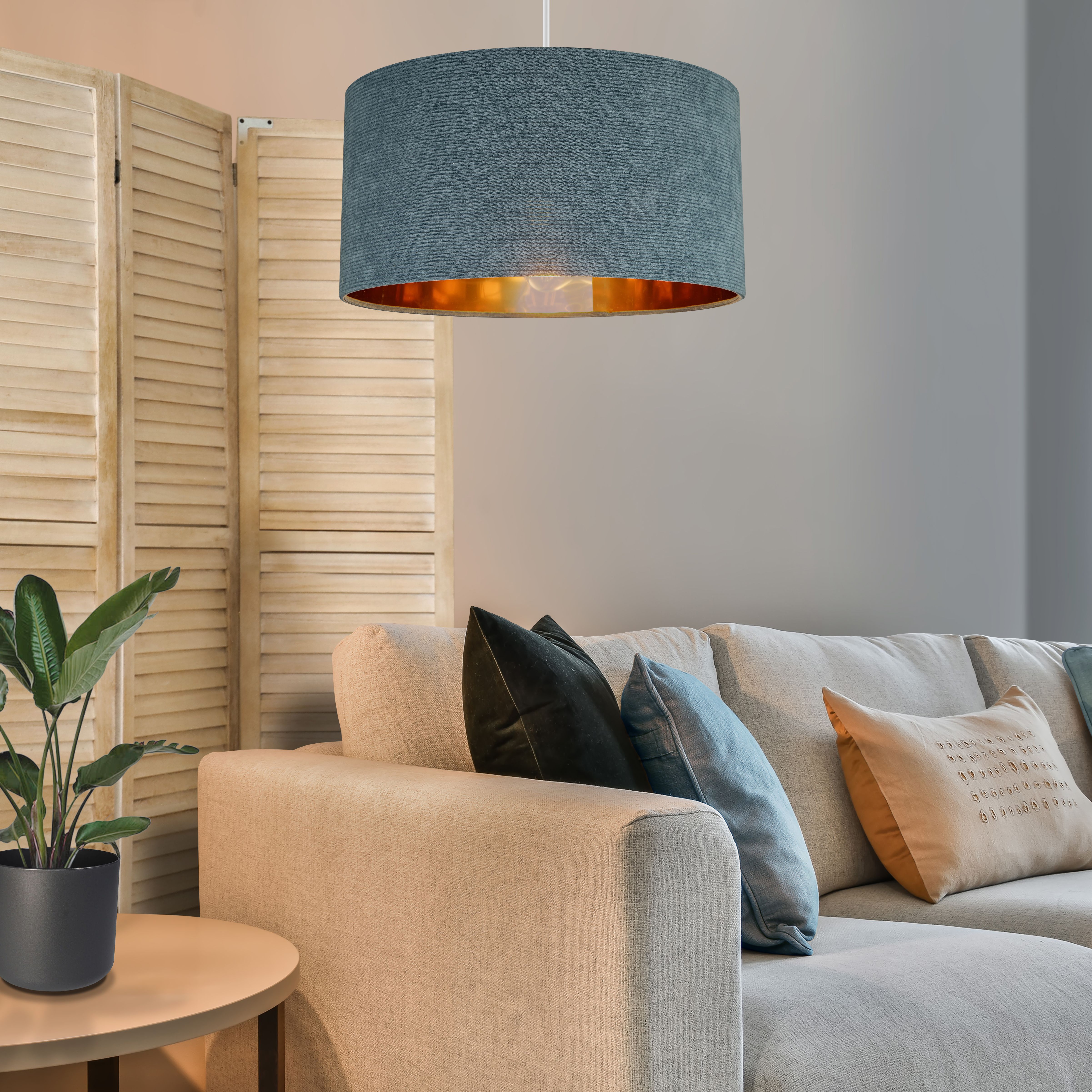 Blue Gold effect Ribbed Velvet Drum Lamp shade (D)40cm