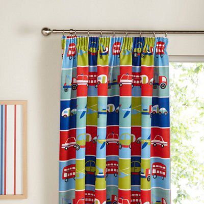 Blue, green & red Bus, car & plane Lined Pencil pleat Curtains (W)167cm ...