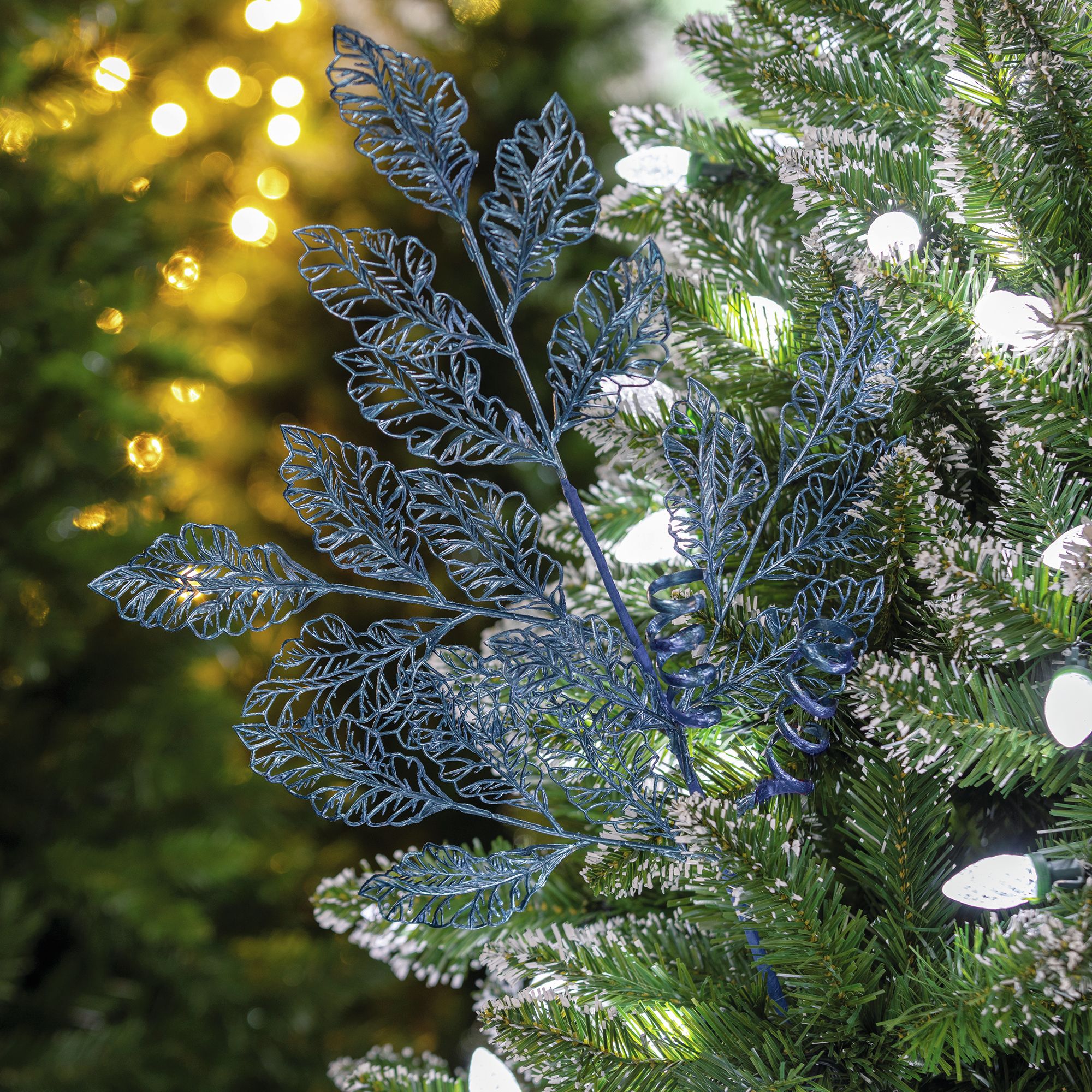Blue Metallic effect Leaf Christmas pick