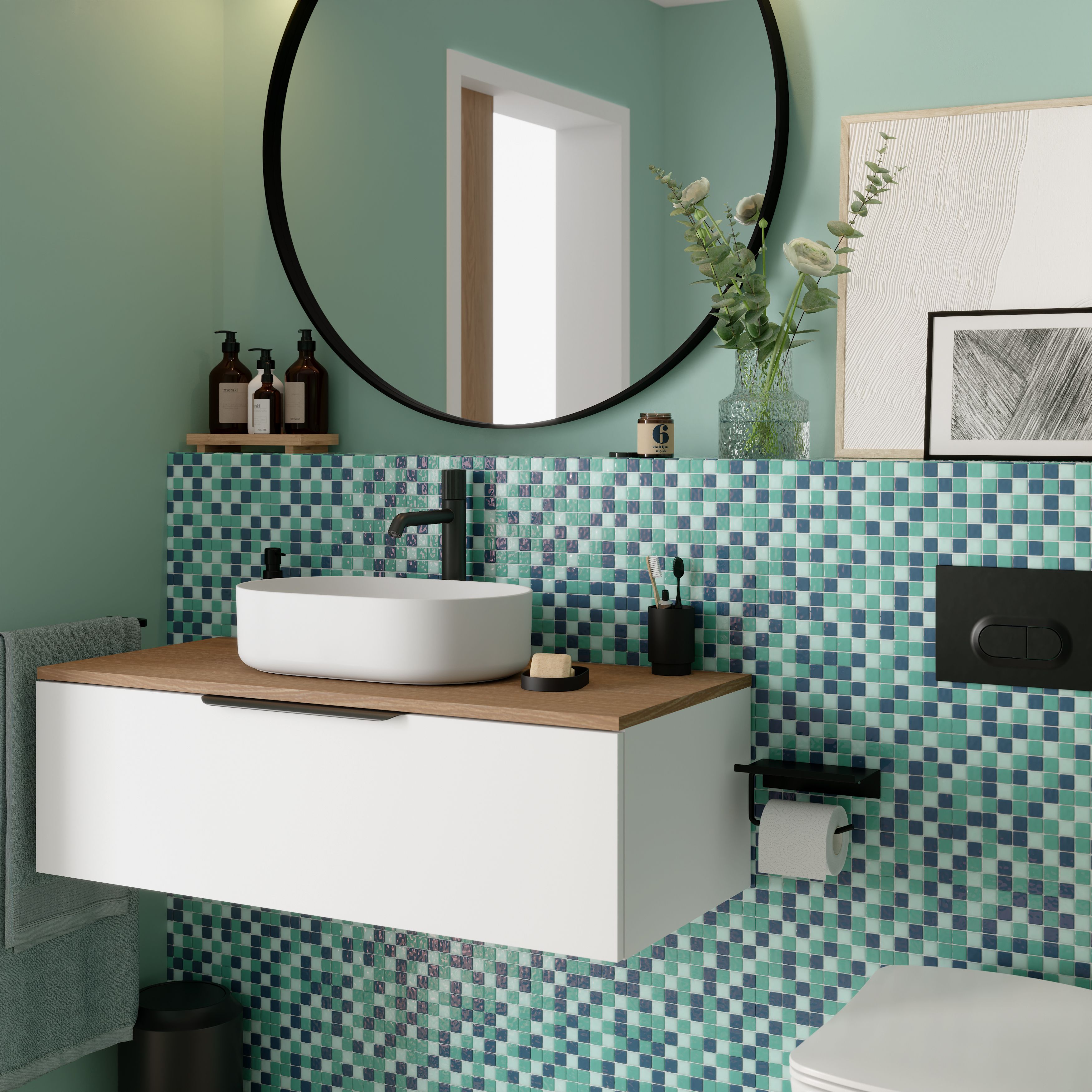 Bressia Blue & green Glass Mosaic tile, (L)306mm (W)306mm | DIY at B&Q