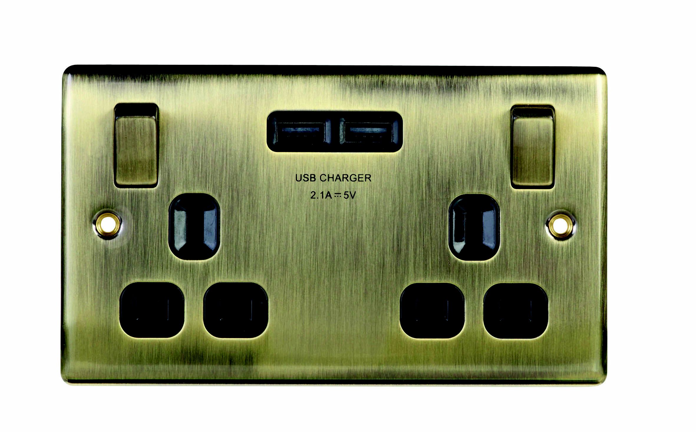British General Raised slim Switched Socket with USB, x2 & Black inserts