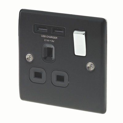 British General Raised slim Switched Socket with USB, x2 & Black inserts