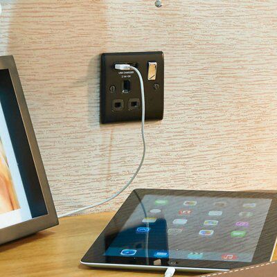 British General Raised slim Switched Socket with USB, x2 & Black inserts