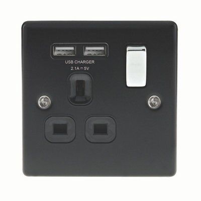 British General Raised slim Switched Socket with USB, x2 & Black inserts
